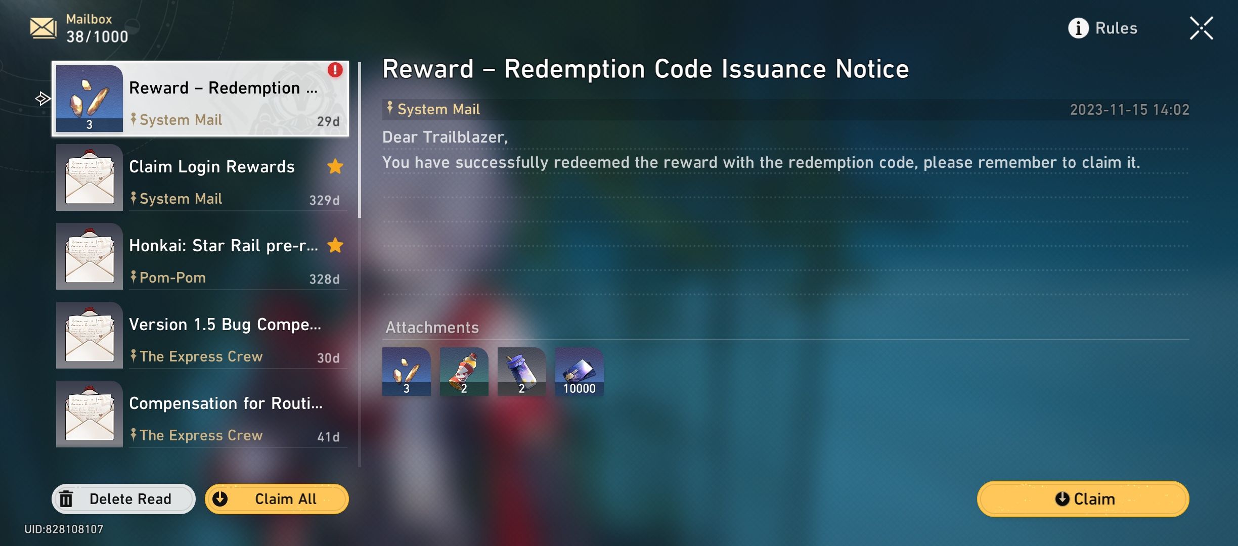 New redemption code 15 Nov 2023 Honkai: Star Rail | HoYoLAB