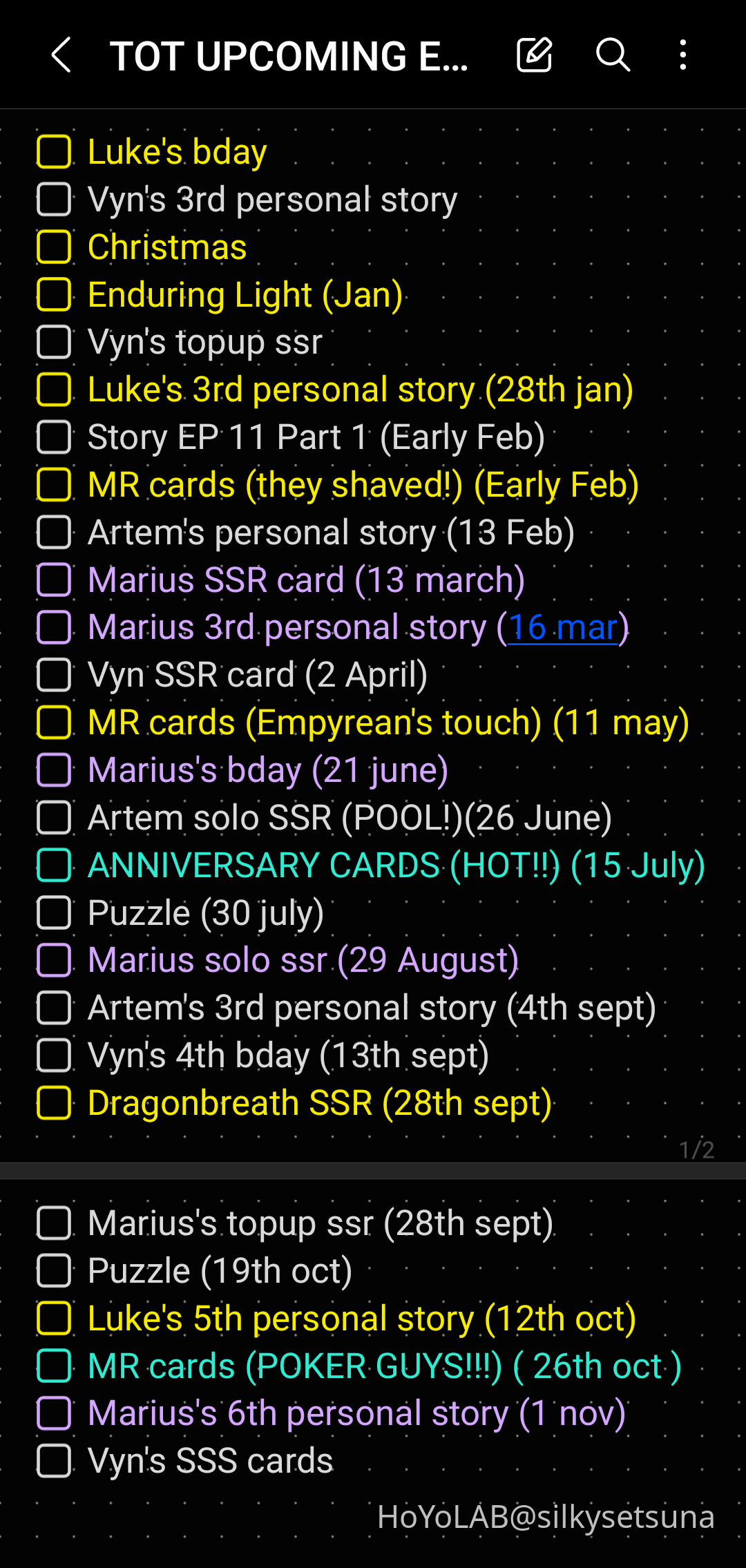 I made this list so that I won't lost track for upcoming event Tears of ...