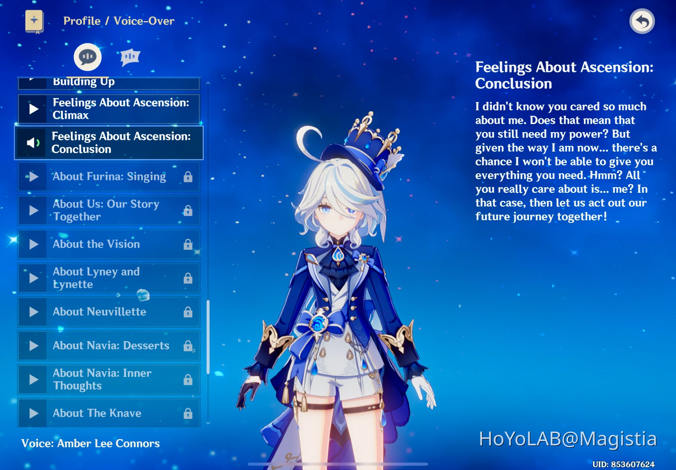 I'm crying because Furina's last ascension dialogue is so touching to ...