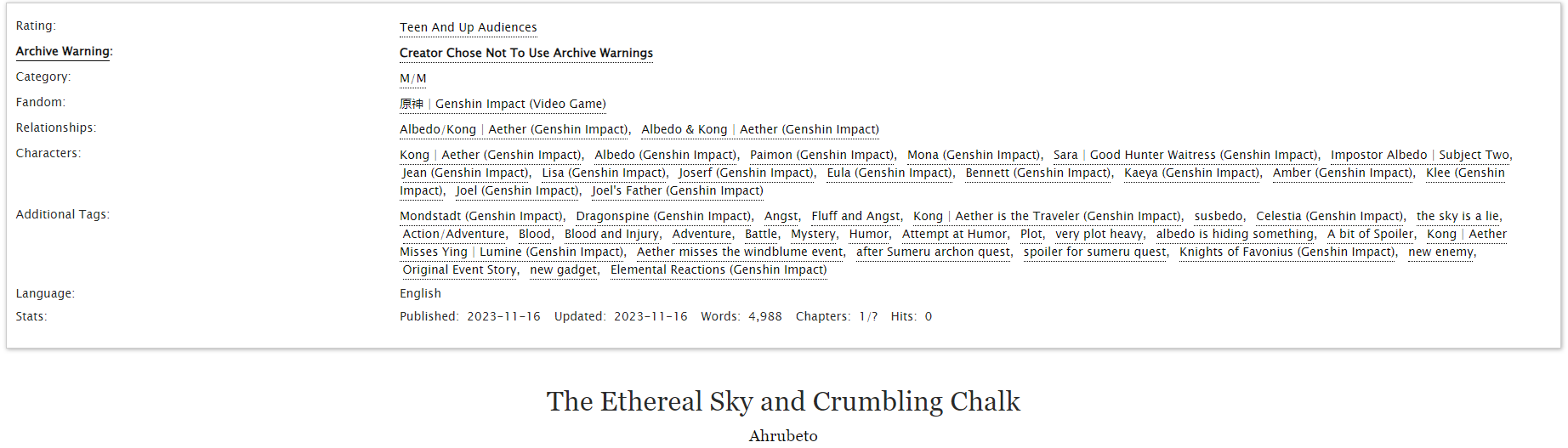The Ethereal Sky and Crumbling Chalk (Aether and Albedo fanfic :3 ...