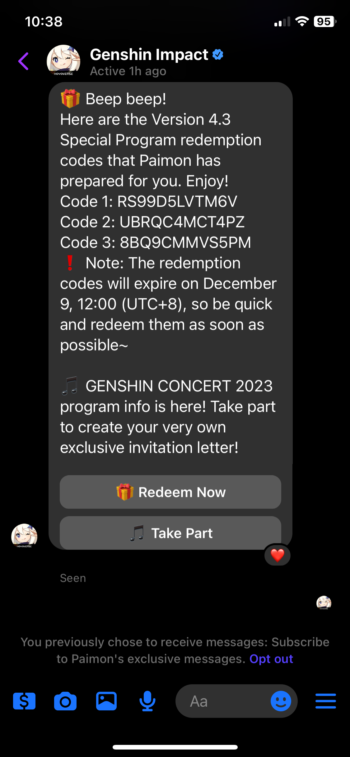 Redeem codes from Paimon via FB Messenger Genshin Impact | HoYoLAB