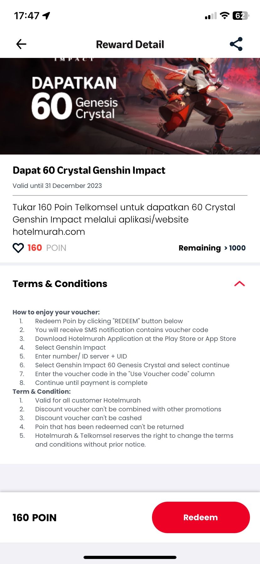 Dapet 60 Genesis Crystals gratis dari redeem telkomsel point rewards! Genshin Impact | HoYoLAB