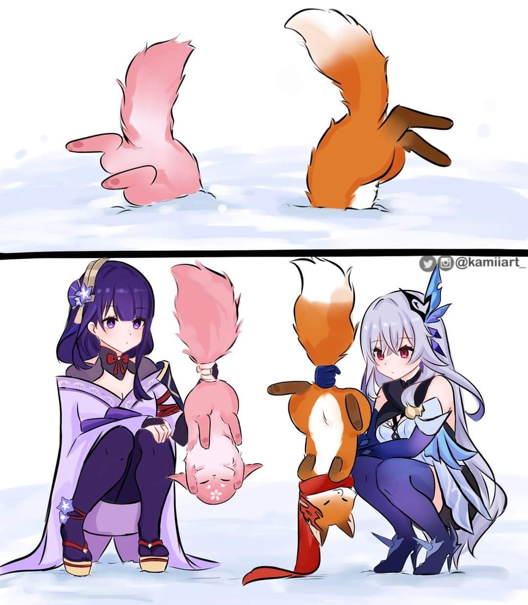 pink Fox & orange Fox playing Snow Genshin Impact | HoYoLAB