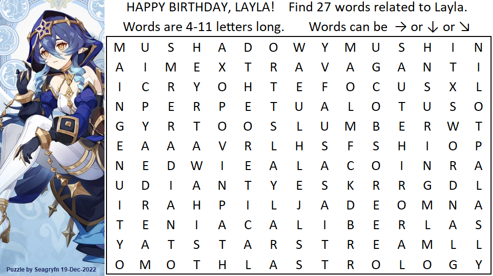 Word Games #38 ~ Dec19 ~ LAYLA !! (Word List and Puzzle) Genshin Impact ...