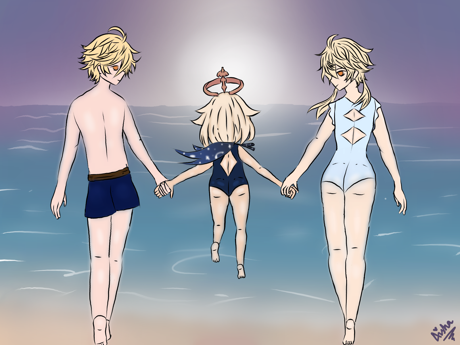 Requested Fanart part 1- Paimon Lumine and Aether on the beach Genshin Impact | HoYoLAB