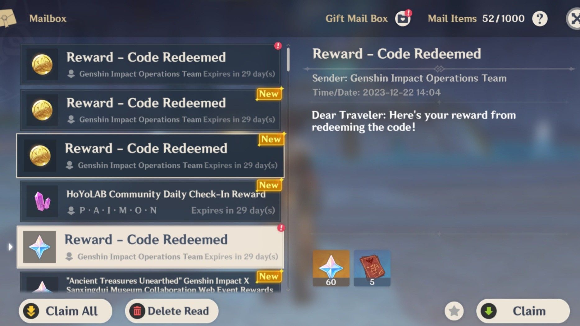 New Redeem Code, December 22 2023. Total: 60 primogem Genshin Impact ...