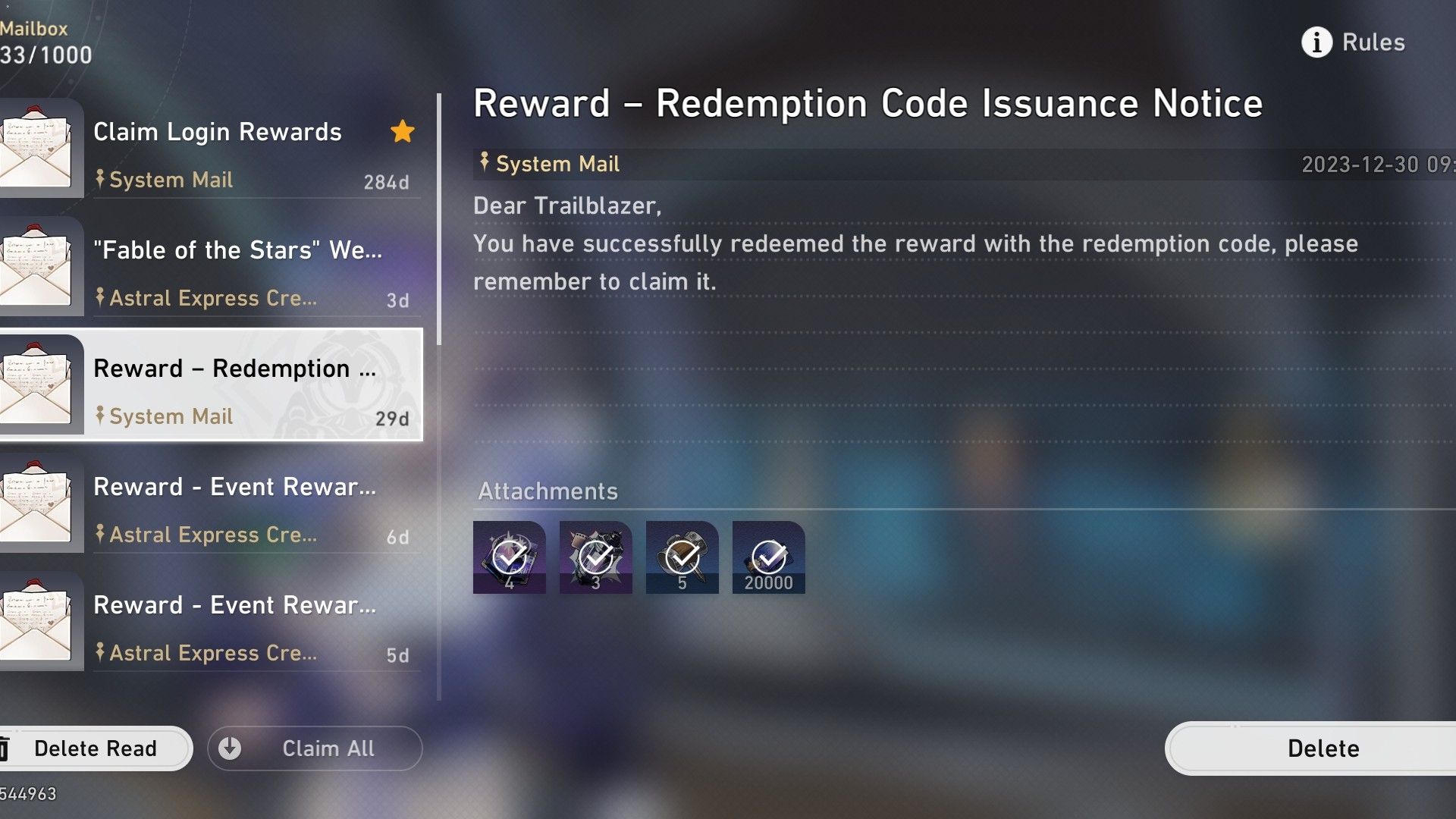 Code Redeemed 12/30 Honkai: Star Rail | HoYoLAB