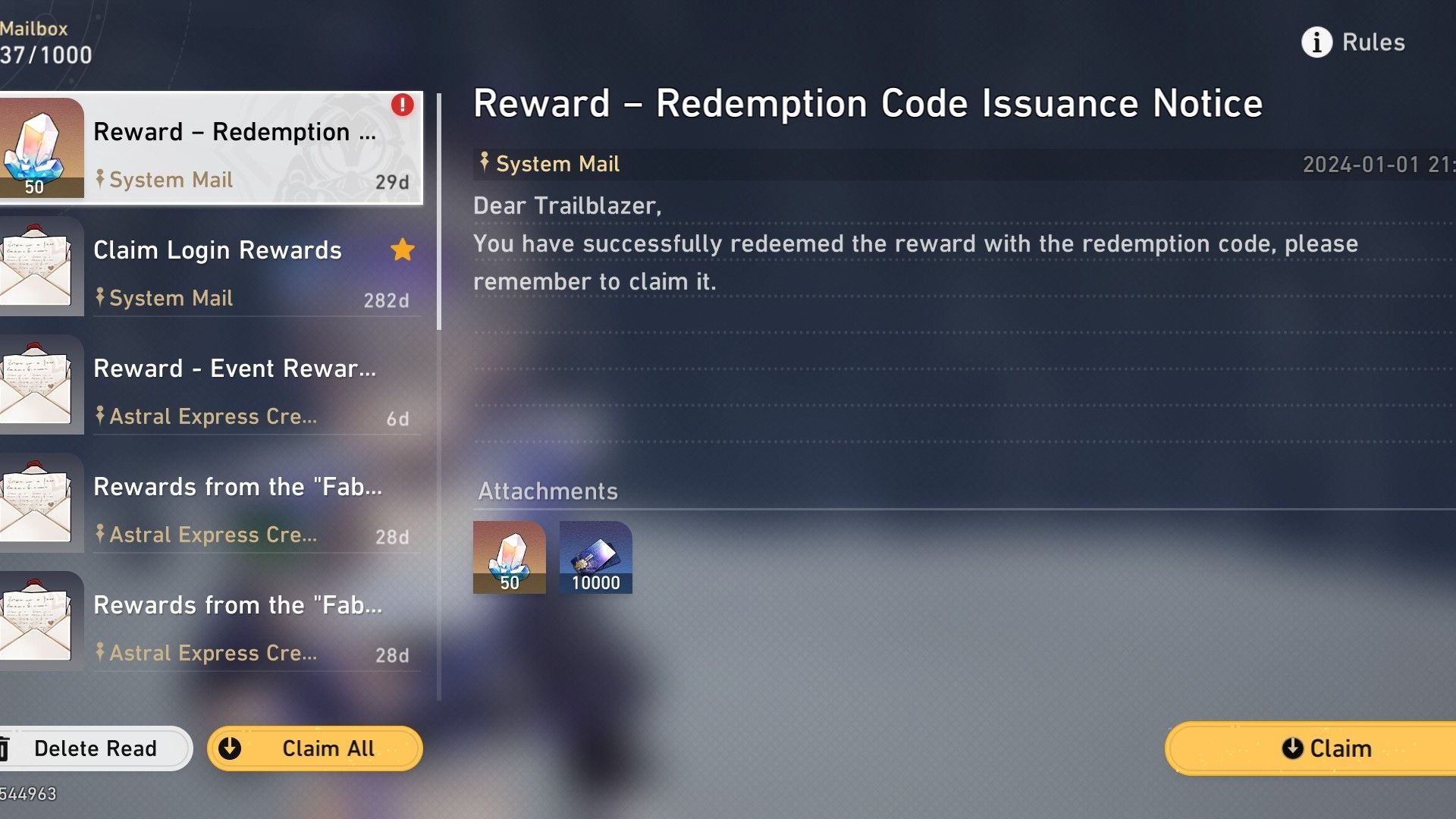 Code Redeemed HSR 1/1 Honkai: Star Rail | HoYoLAB