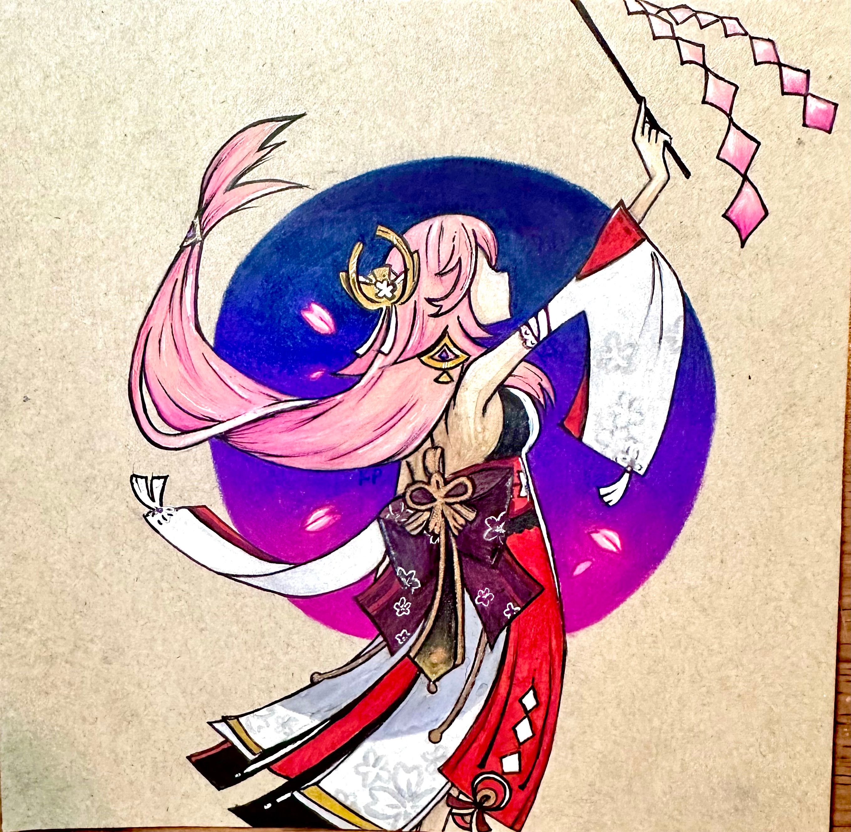 Yae Miko fan art I did (inspired by the TCG artstyle) Genshin Impact ...