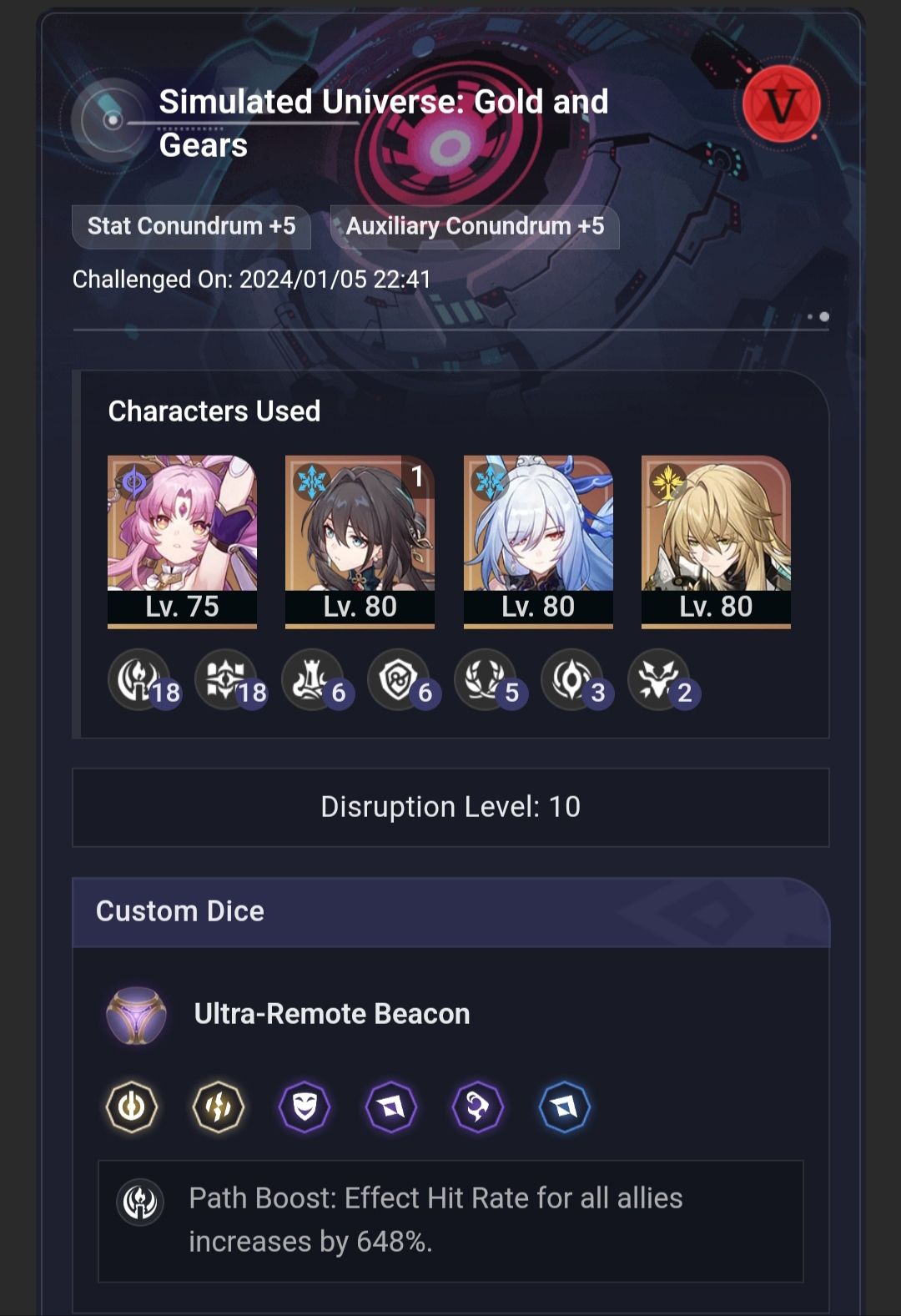 Simulated universe: Gold and gear Difficulty 5 Conundrum 10 run at disruption 10 Honkai: Star ...