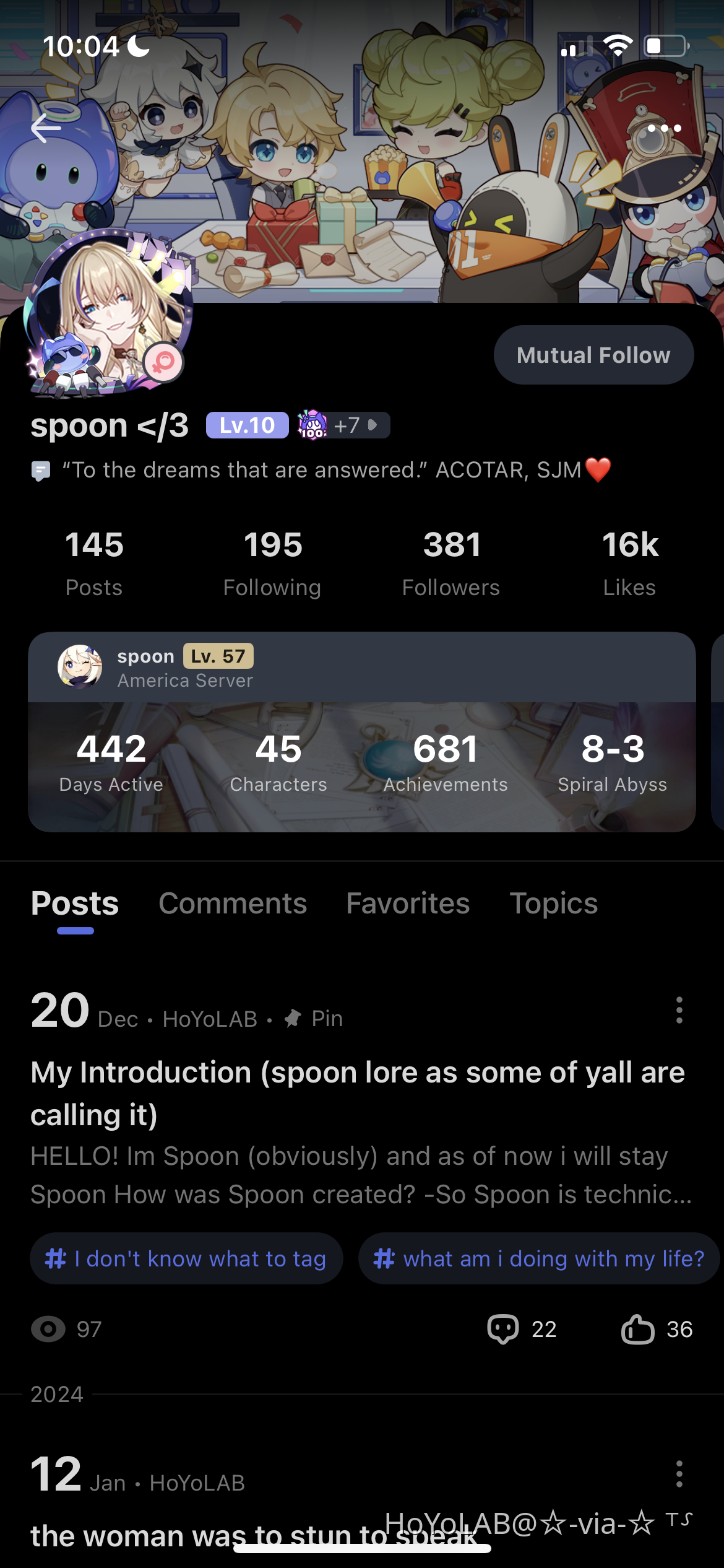 Go follow Spoon guys!! Let’s get her to 400!! | HoYoLAB