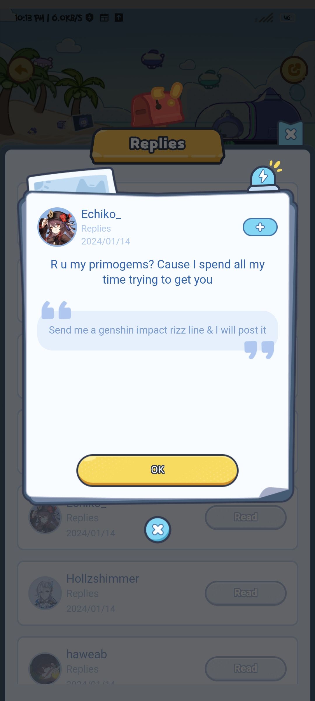 rate these rizz line Genshin Impact | HoYoLAB