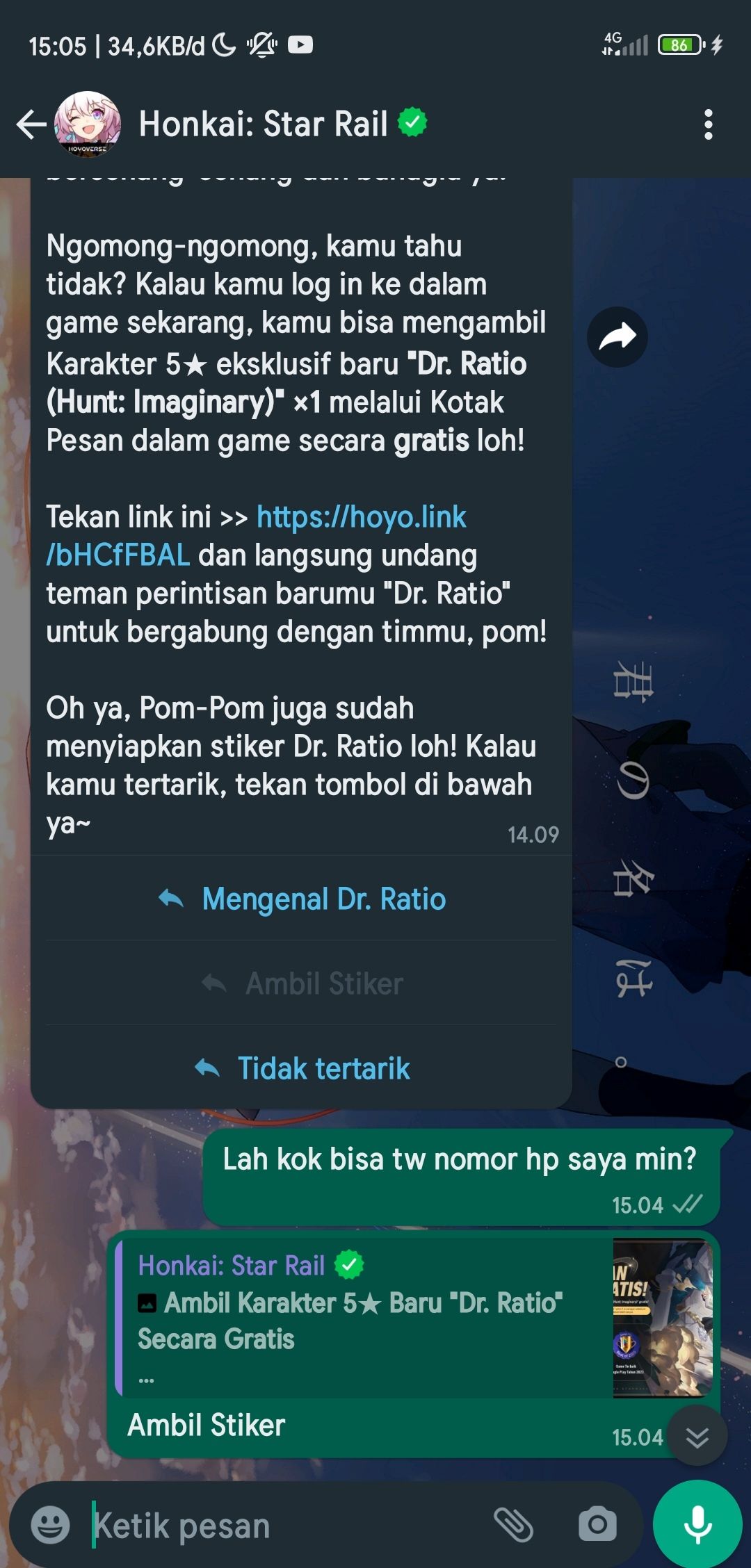 gua baru tw hsr juga ada di whatsapp😍😍 Honkai: Star Rail | HoYoLAB