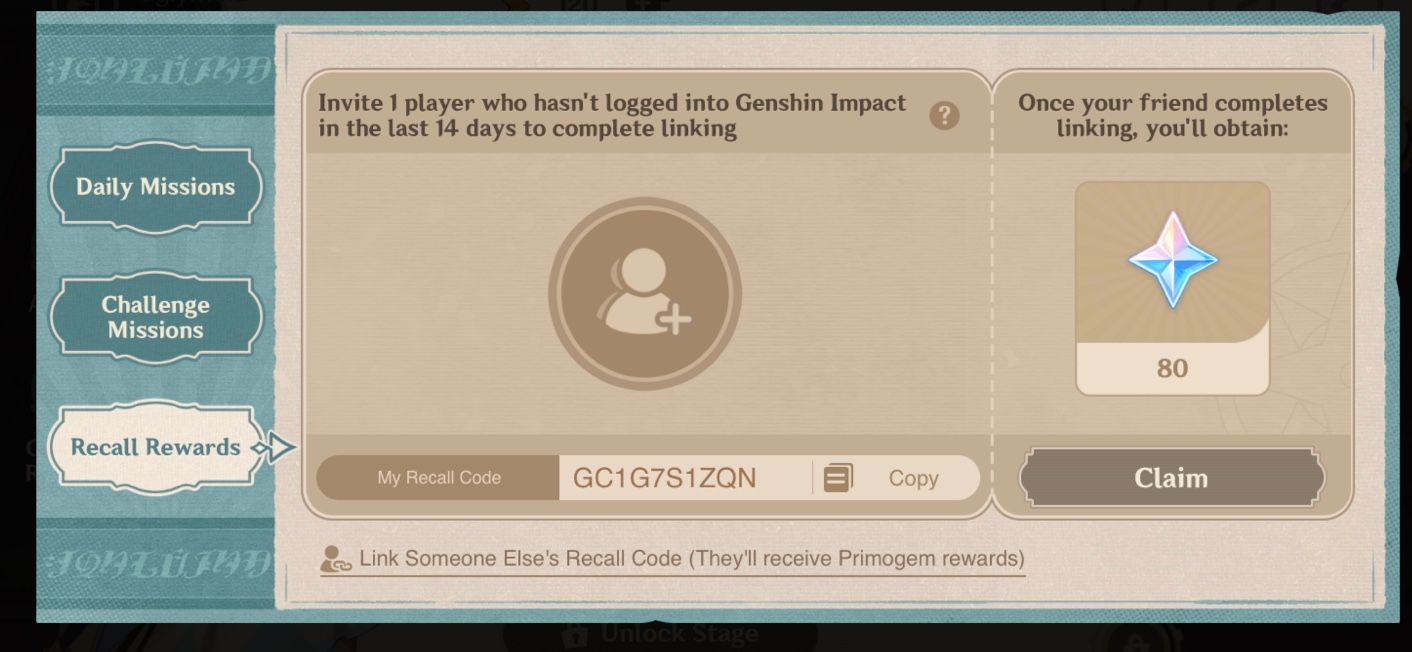 recall code Genshin Impact | HoYoLAB