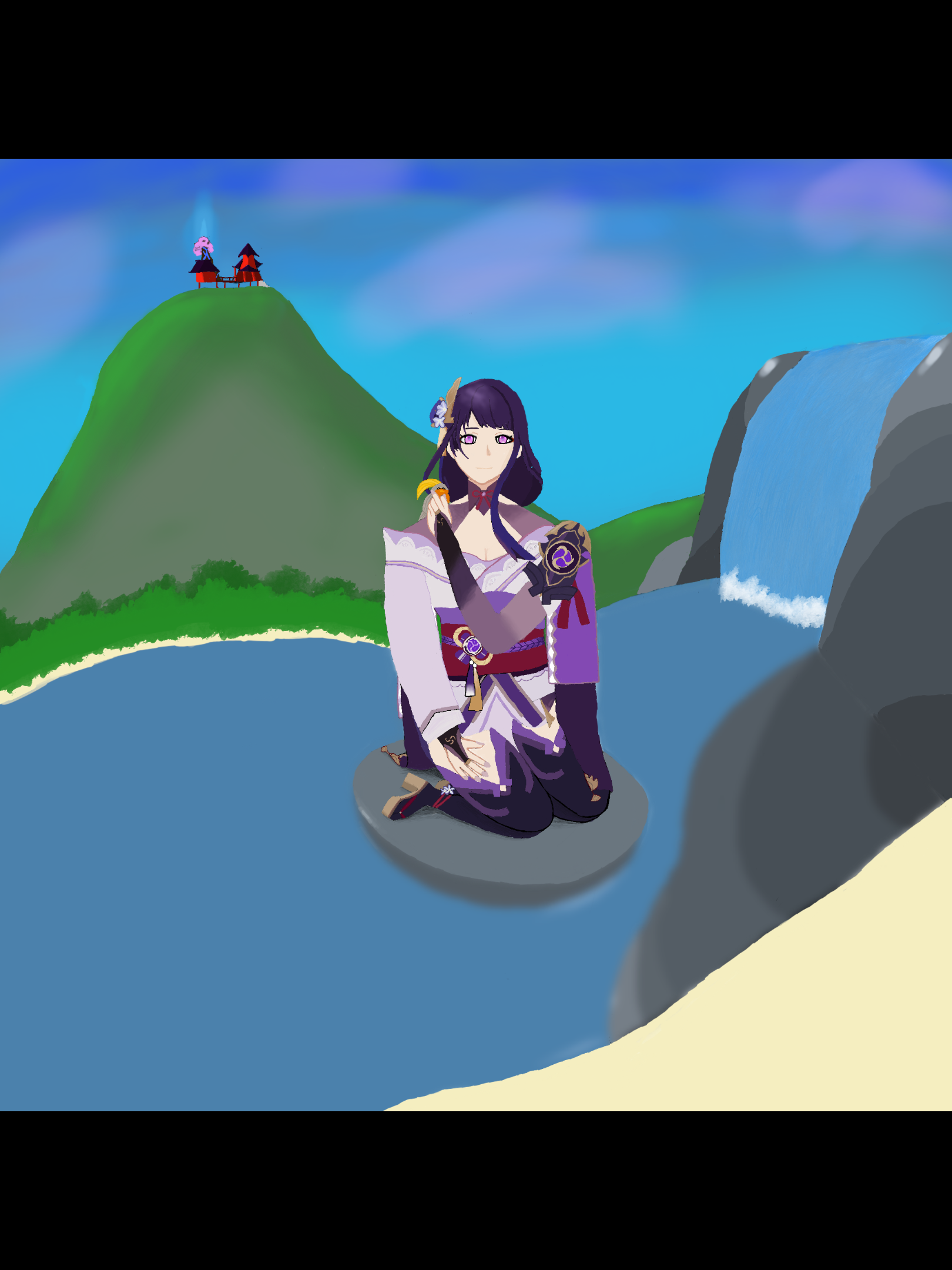 Raiden Shogun with the Narukami Shrine in the distance Genshin Impact ...