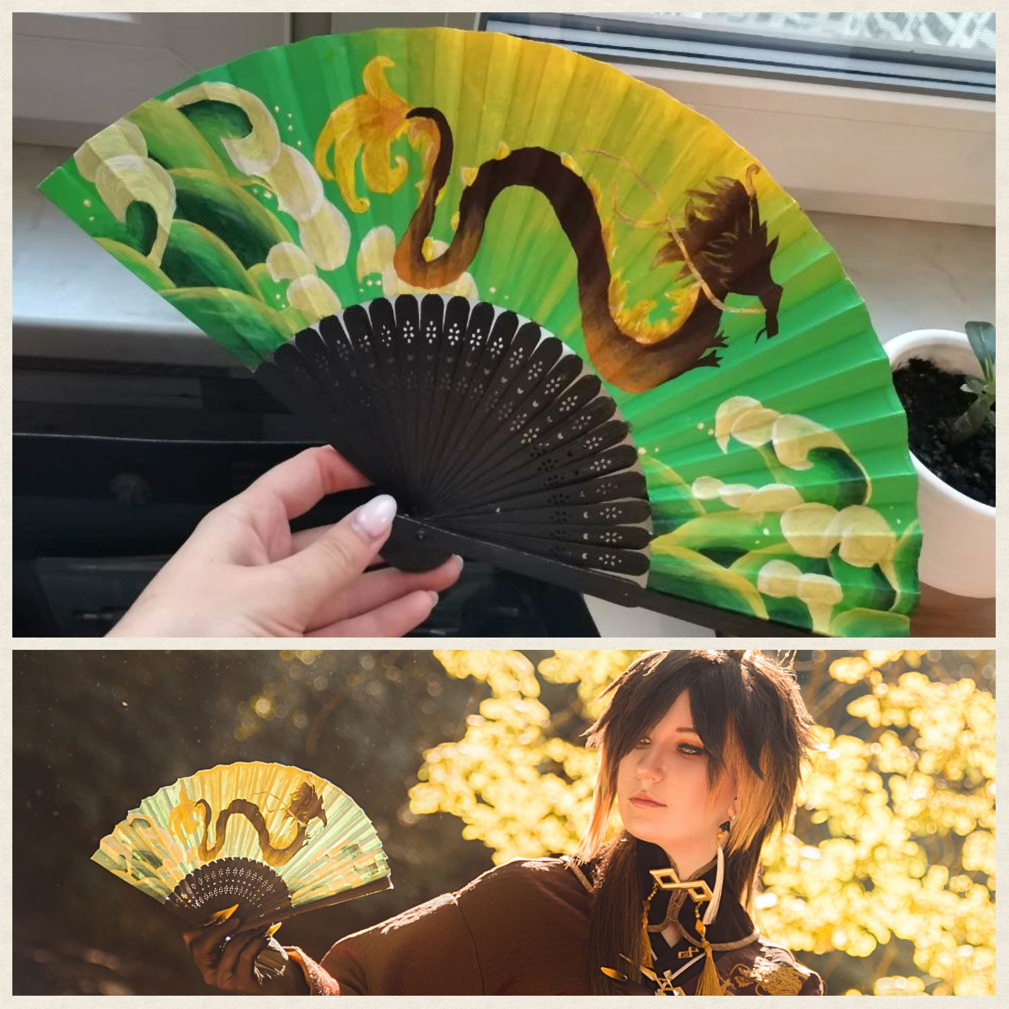 A hand-painted Dragon's Wondrous Sight fan I made for my Morax Cosplay ...