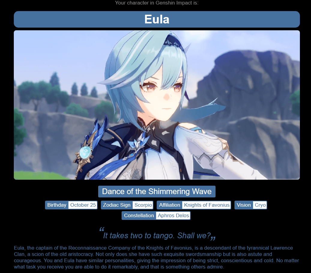 I am Eula, the Noble right-hand of the Knights, and Amber's best friend ...