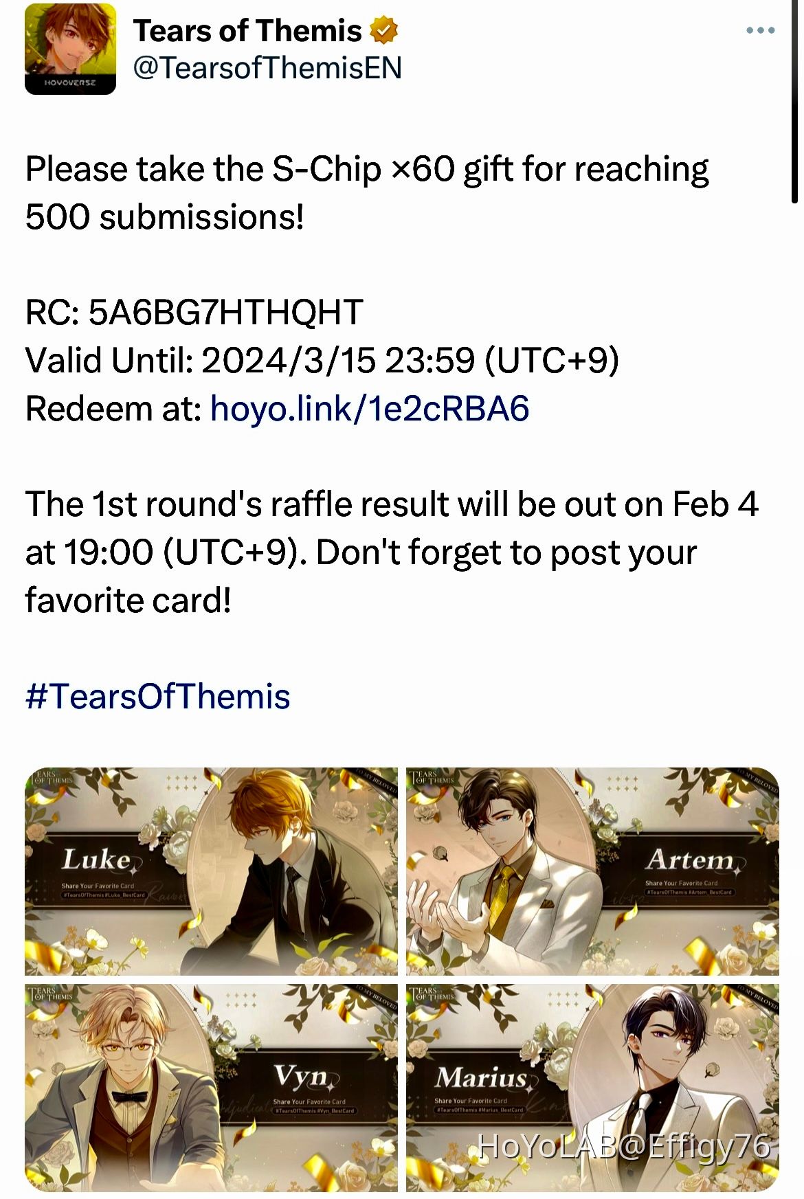 Tears of Themis Redeem Code for 60 S-Chips: 5A6BG7HTHQHT Tears of ...