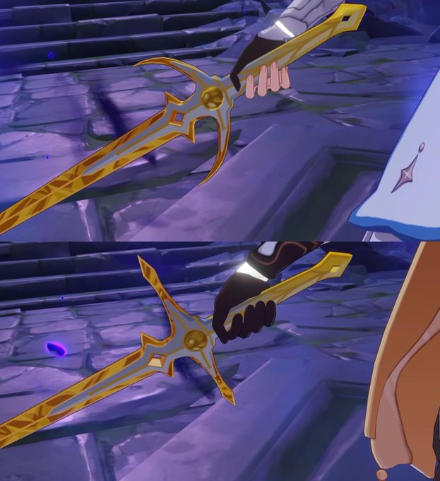 A minute detail I noticed is that the sword that each twin yields is ...