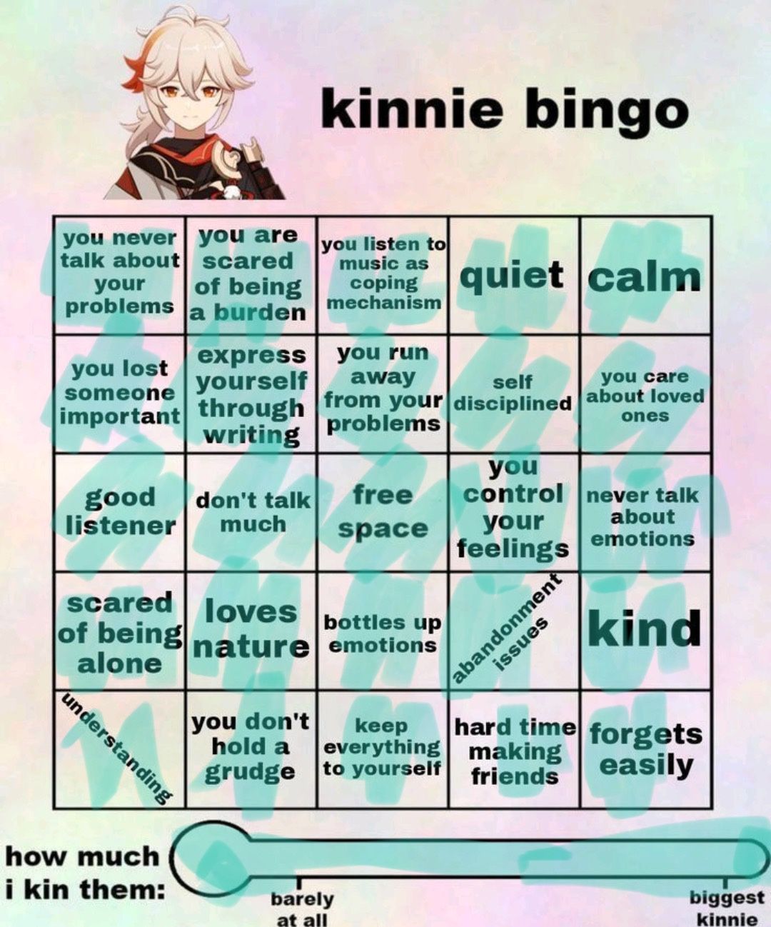kinnie bingos!! (i kin kazuha and kaveh a normal amount guys) Genshin ...