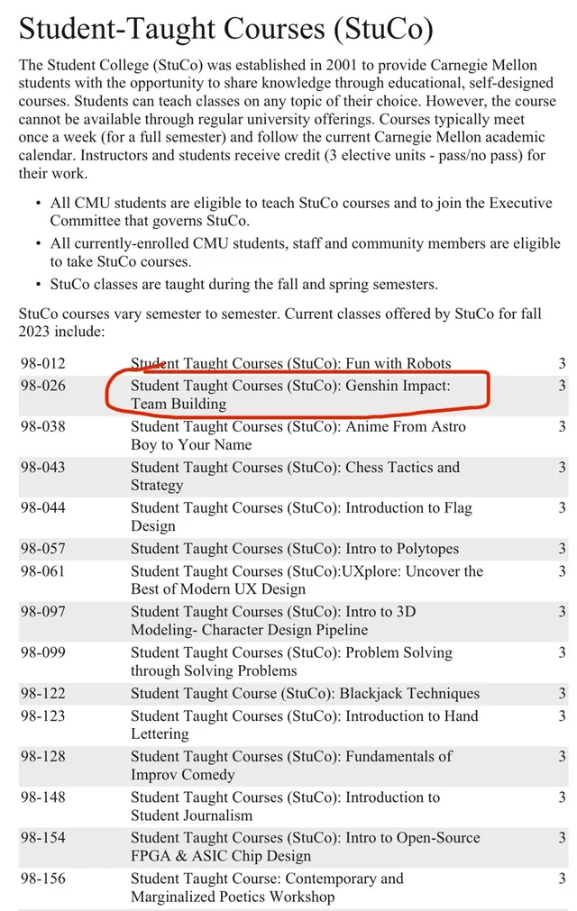 I love how CMU students can receive course credits by learning Genshin ...