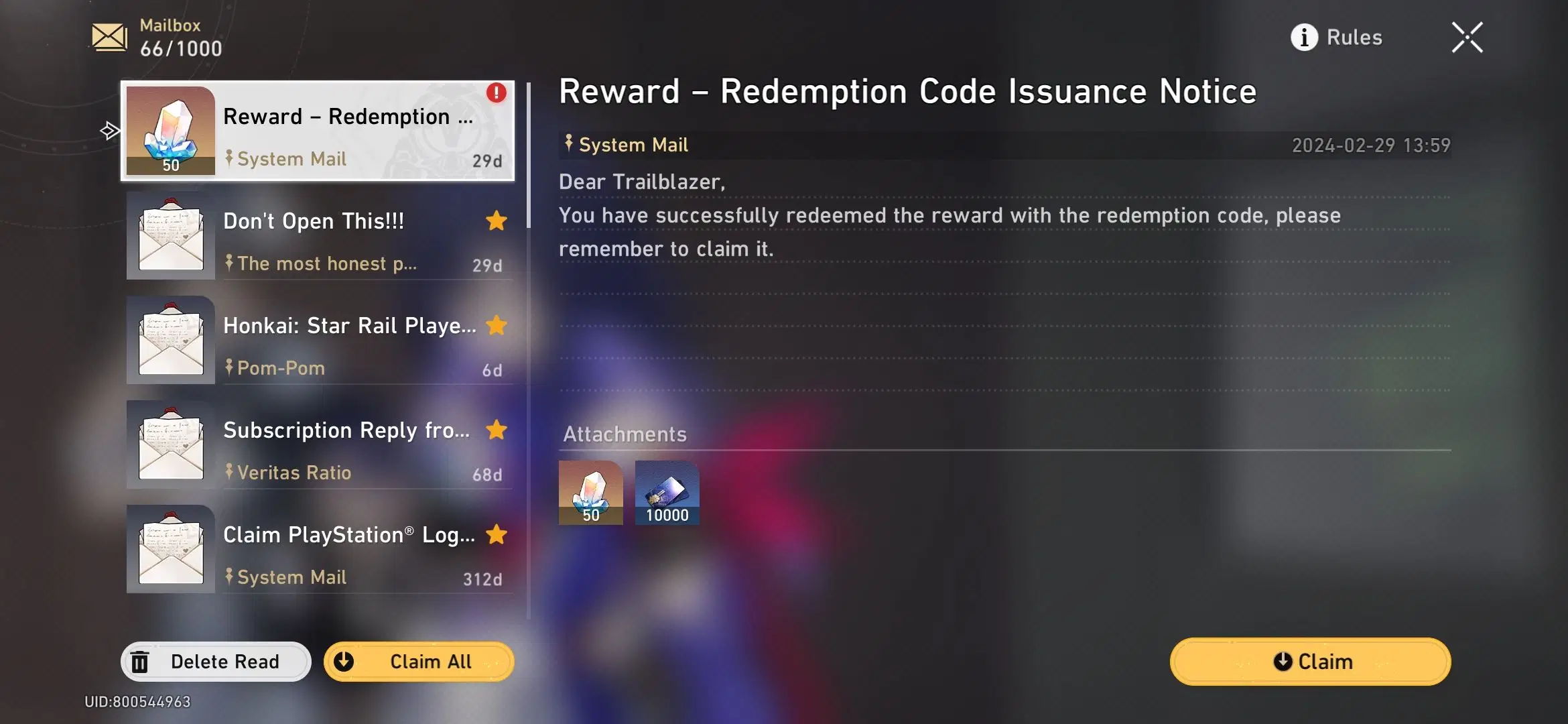 code Reddemed 2/29 and Sparkle rick roll give free 10 fuel ._. Honkai ...