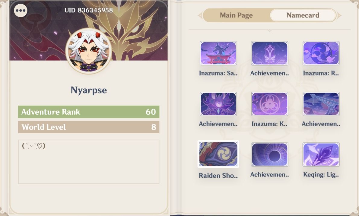 Purple themed name card. Genshin Impact | HoYoLAB