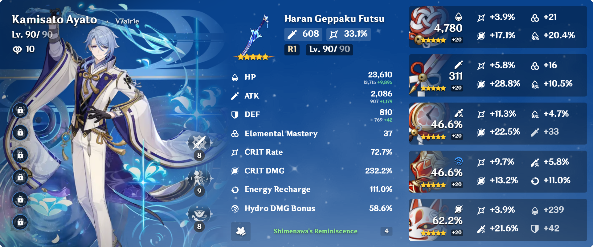 My ayato builds with 3 different sets (im too lazy to farm echoes and ...