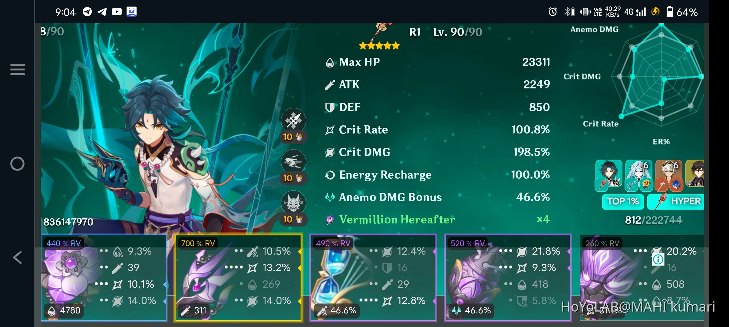 top 1%XIAO-100 /200 Cr/Cd inf for xioa ? suggest me plz Genshin Impact ...