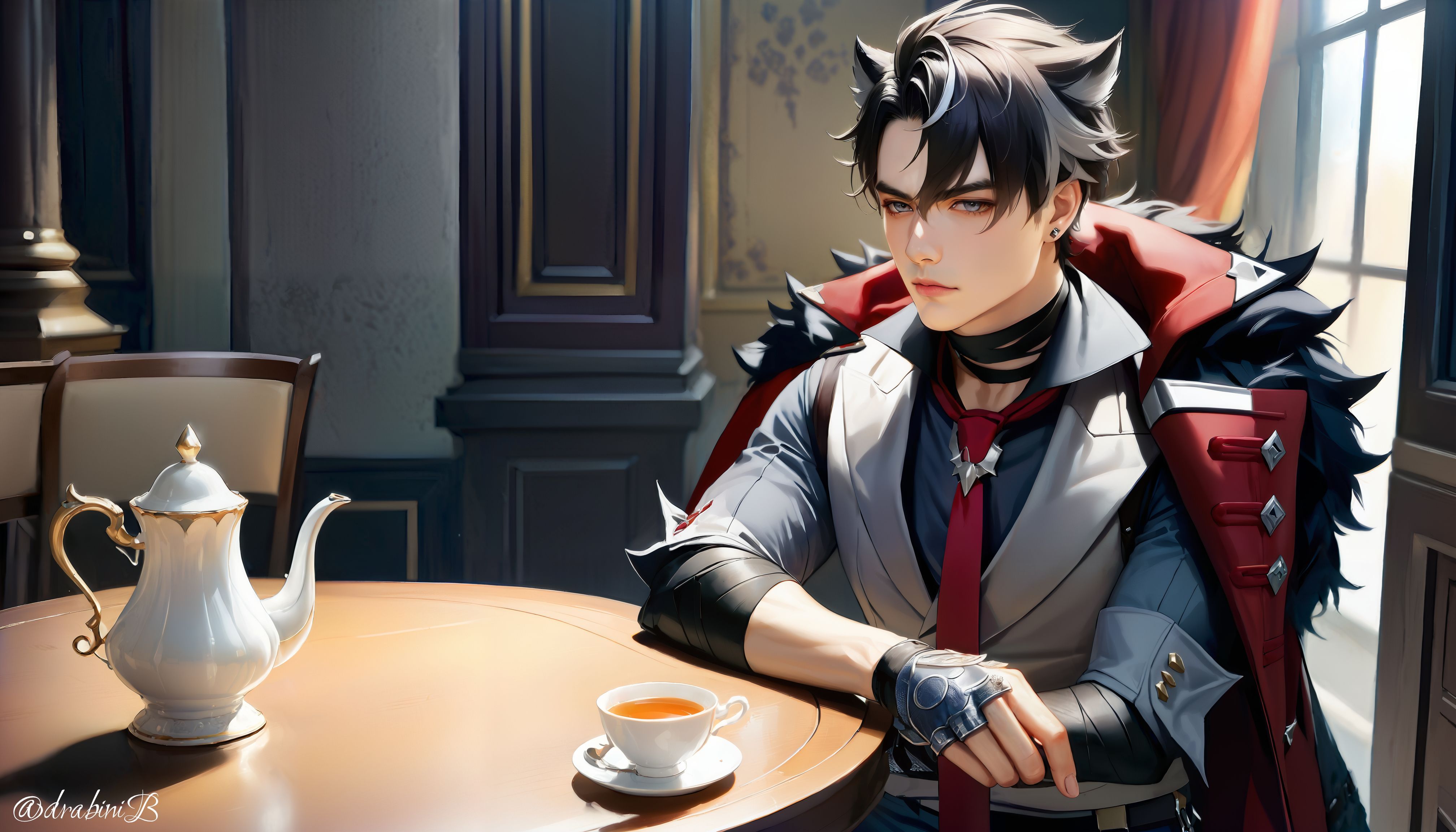 Wriothesley enjoying a cup of tea. AI 3D Illustration Genshin Impact ...