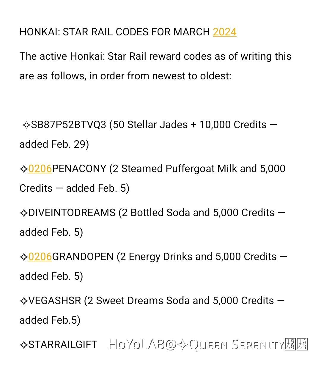 HONKAI: STAR RAIL CODES FOR MARCH 2024 Honkai: Star Rail | HoYoLAB