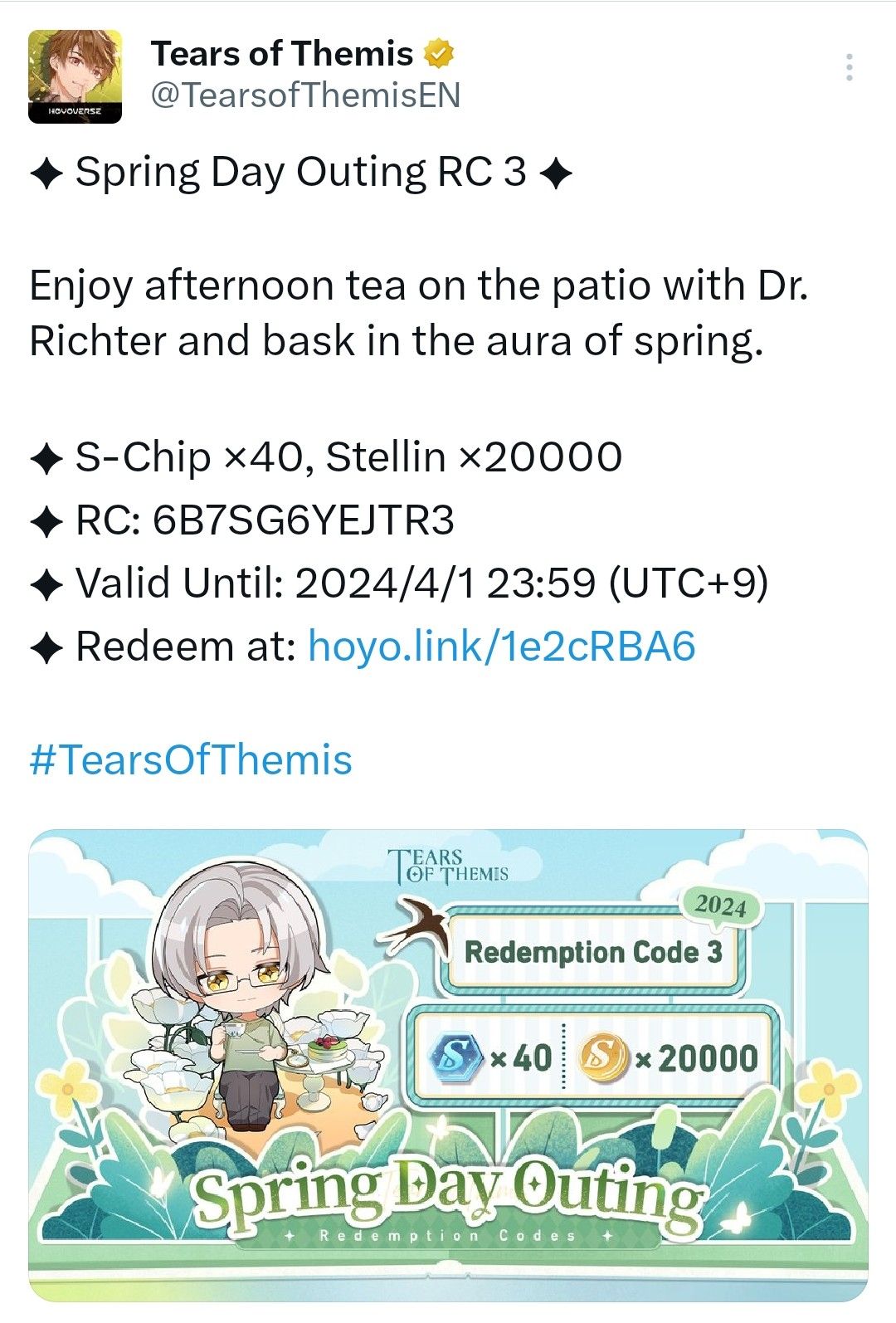 Spring Day Outing Redemption Code Day 3 Tears of Themis | HoYoLAB