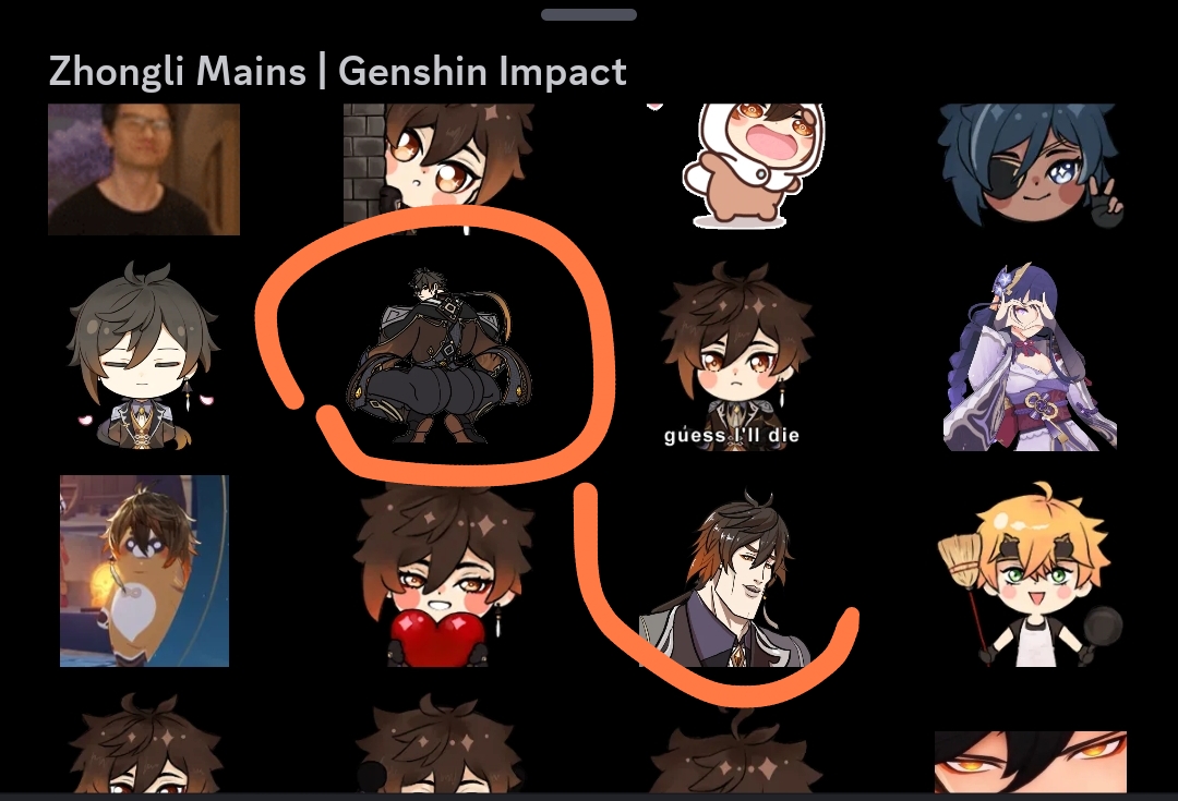 Trying to find Zhongli sticker in Zhongli mains server is.. um ...