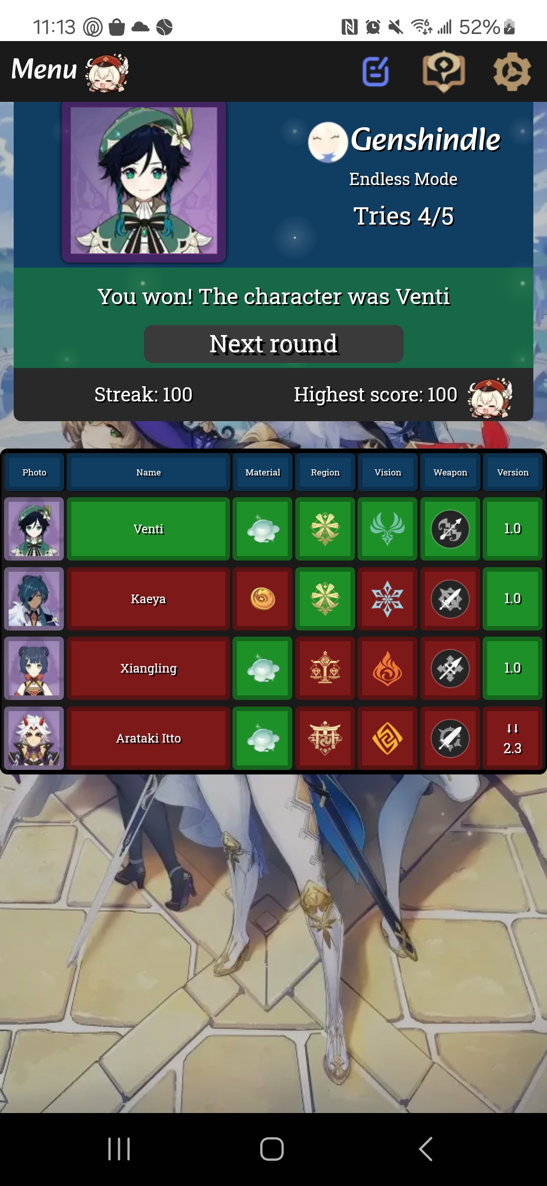 I just got a 100 streak in Genshindle endless Genshin Impact | HoYoLAB