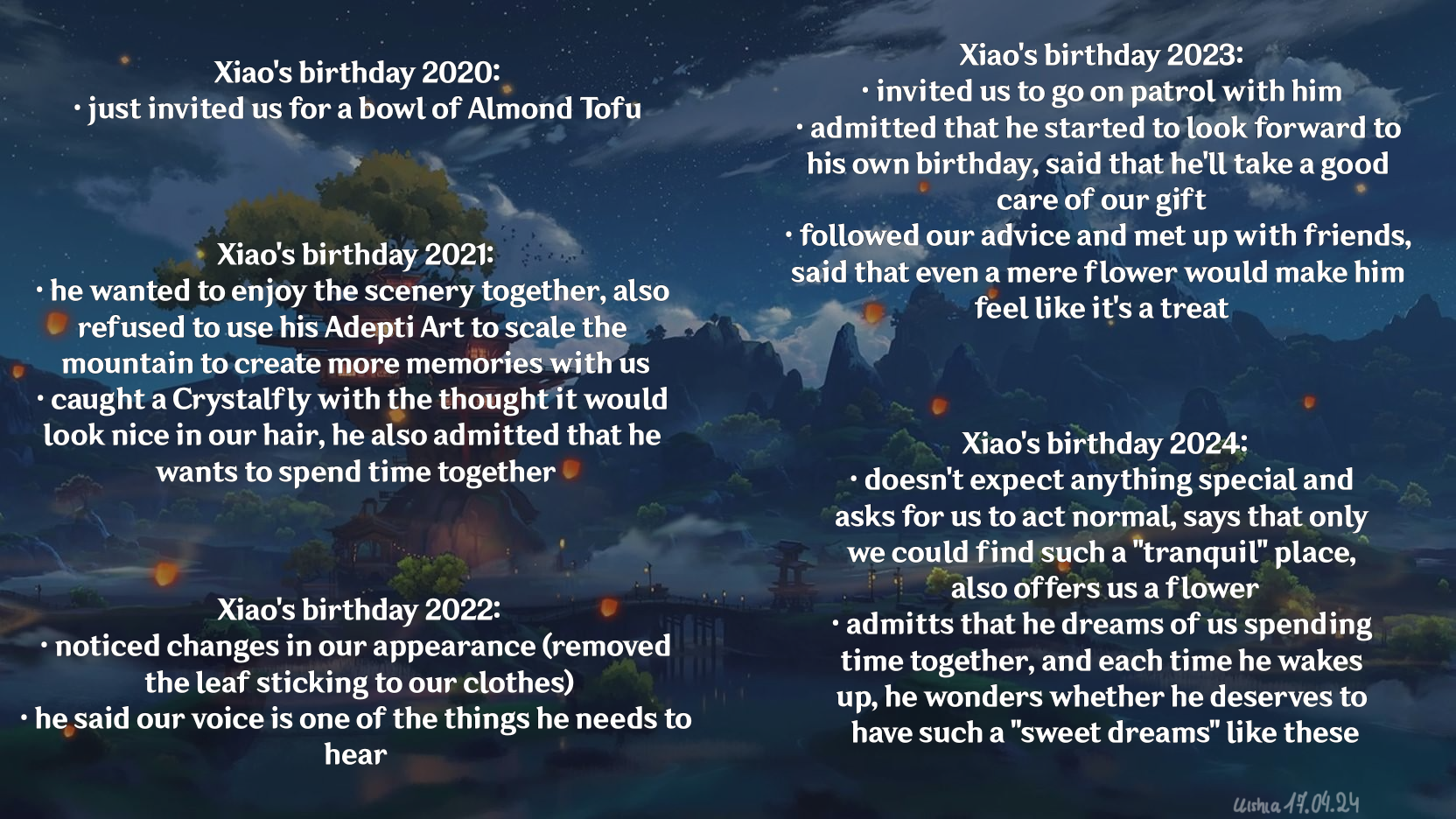 Xiao's birthdays through the years Genshin Impact | HoYoLAB