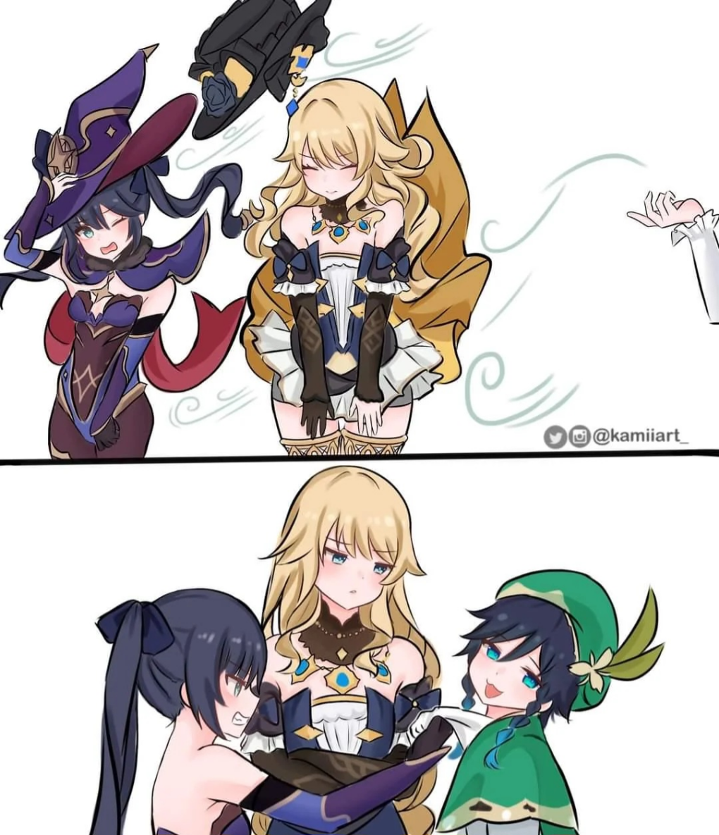 This is Venti playfully teasing Mona Megistus and Navia Caspar using The Anemo Element meme ...