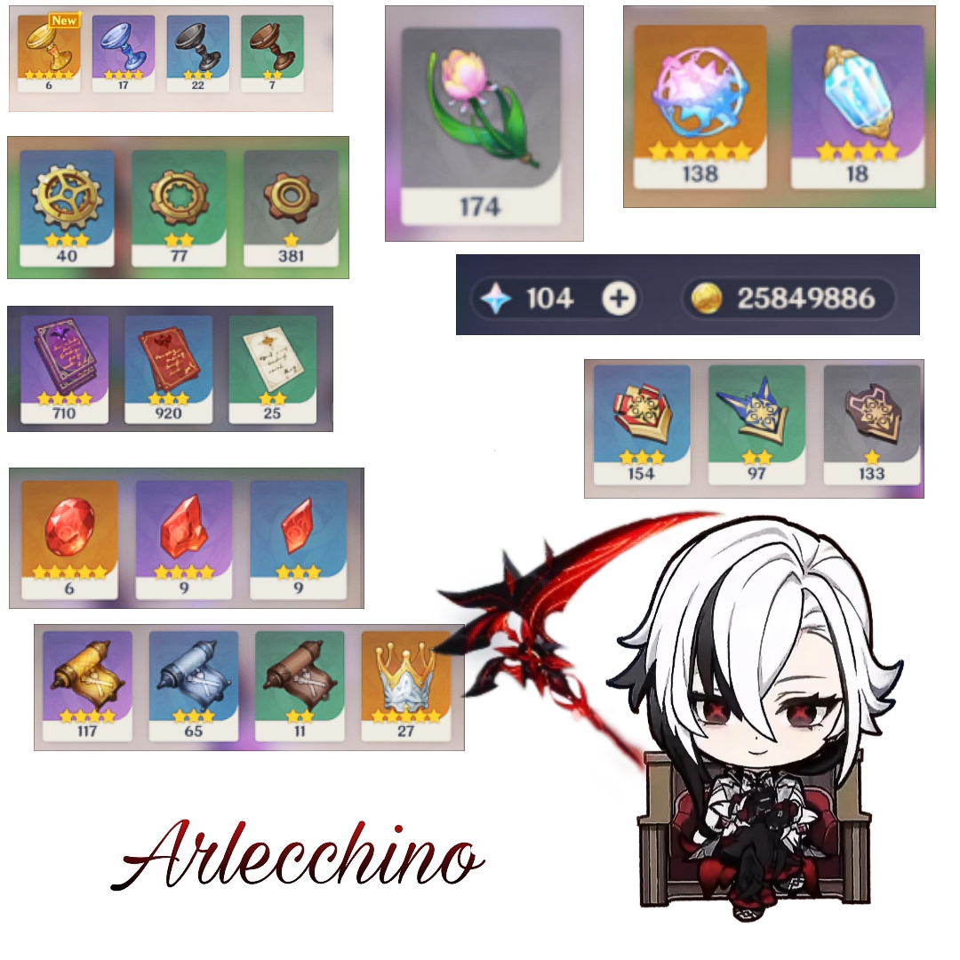 My Arlecchino savings as a f2p First time having all the talent materials Genshin Impact | HoYoLAB
