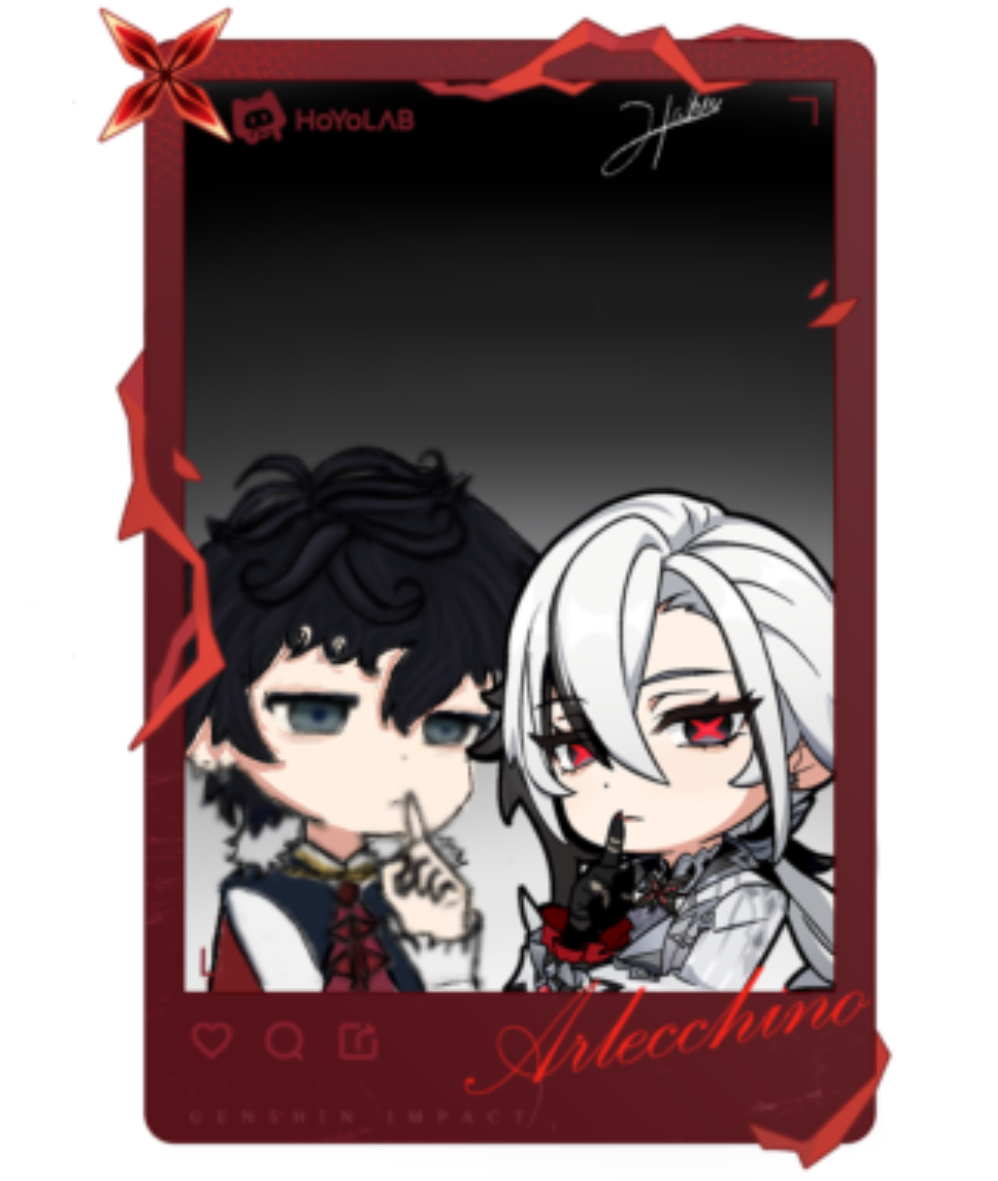 My oc in chibi form taking a picture with Arlecchino Genshin Impact ...