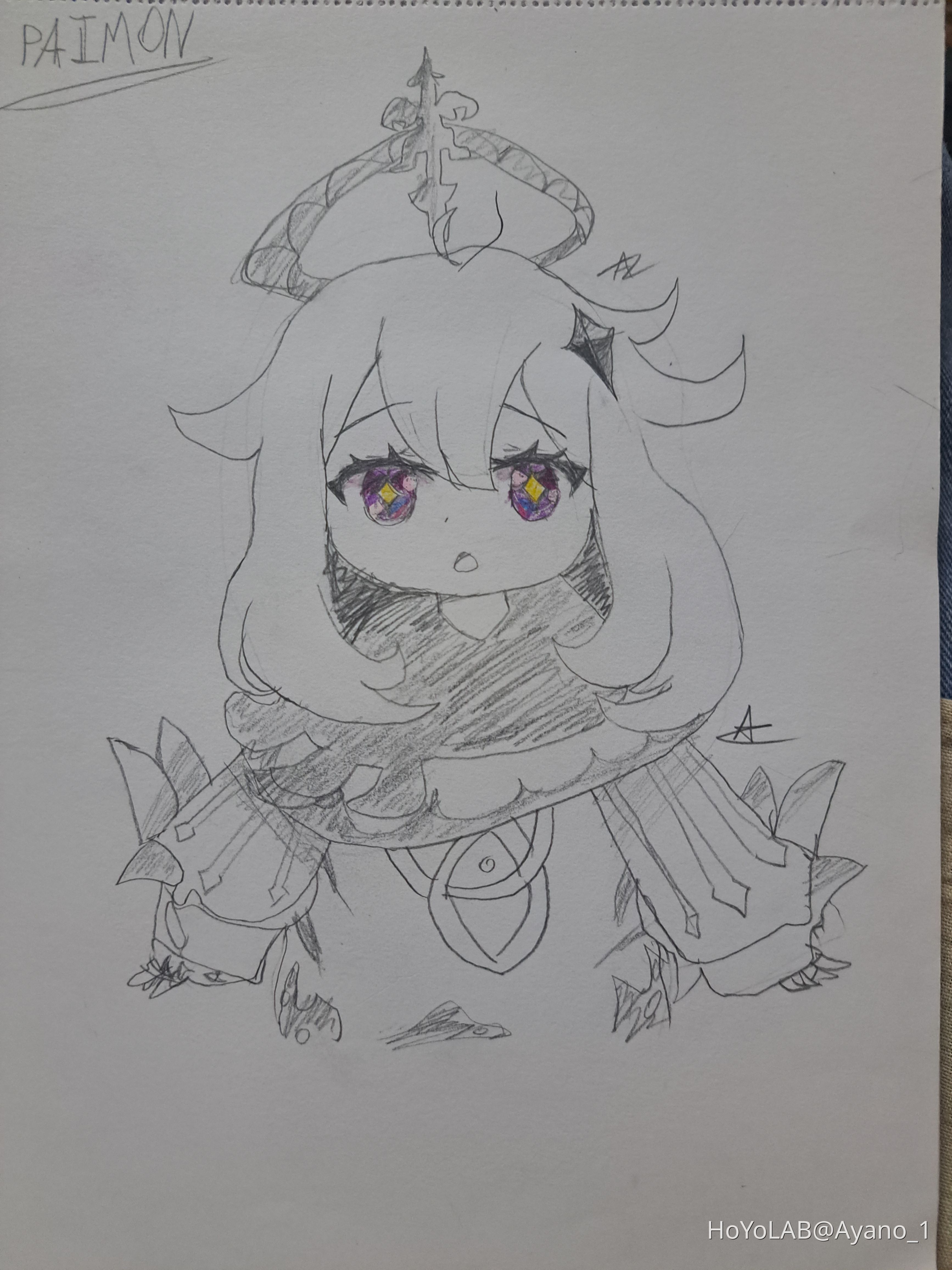 I drew paimon!! I tried to color the eyes but I messed up a little :,D ...