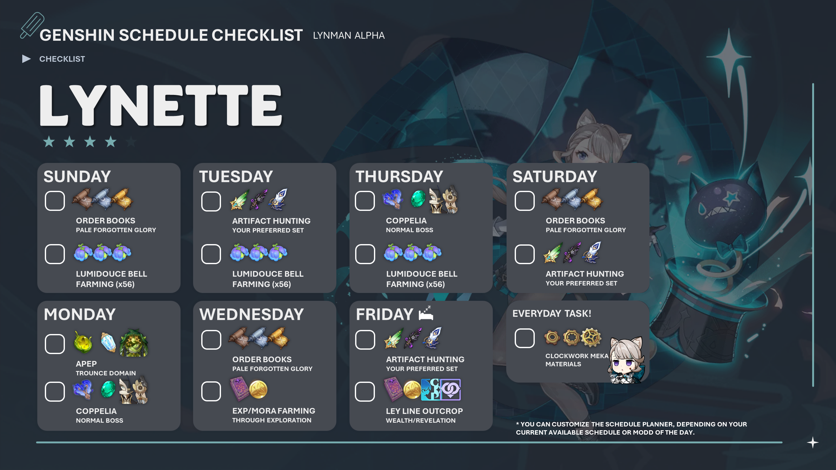 [VERSION 4.6] Lynette | Genshin Impact Farming Schedule Checklist Genshin Impact | HoYoLAB