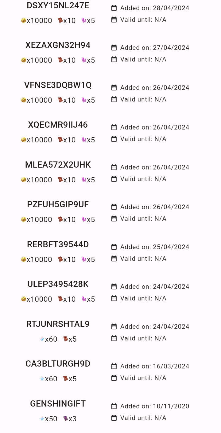 all working code 100% sure Genshin Impact | HoYoLAB