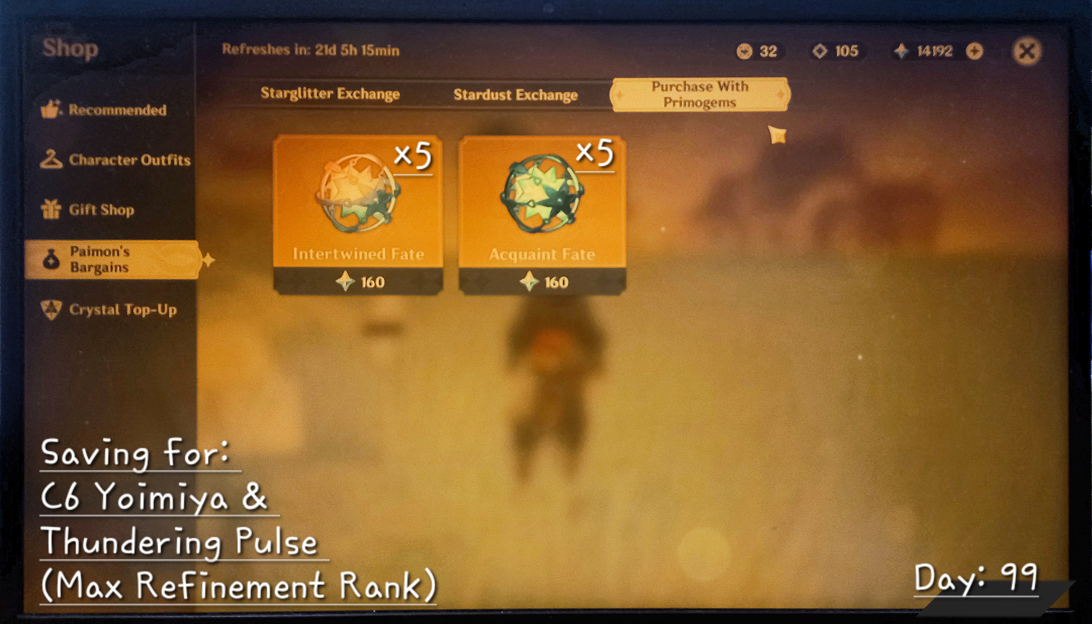 Saving for C6 Yoimiya & Thundering Pulse (Max Refinement Rank) Day: 99 ...