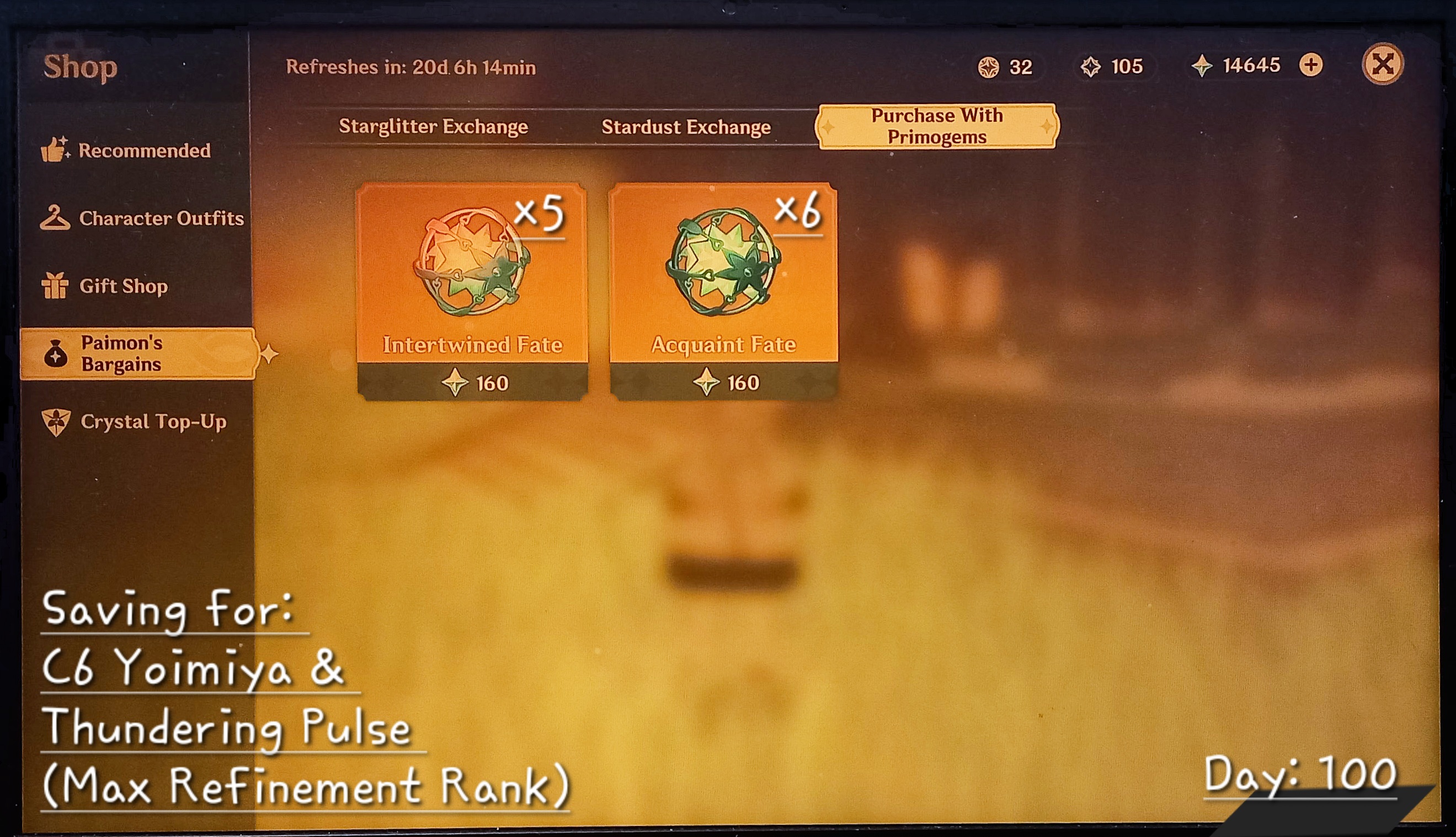 Saving for C6 Yoimiya & Thundering Pulse (Max Refinement Rank) Day: 100 ...