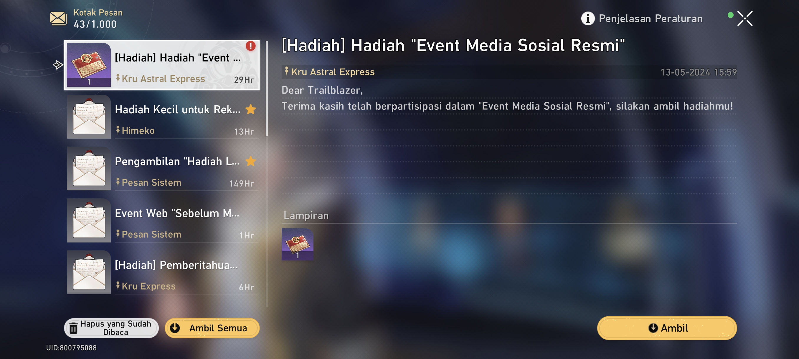 Terimakasih game baik😁 Honkai: Star Rail | HoYoLAB