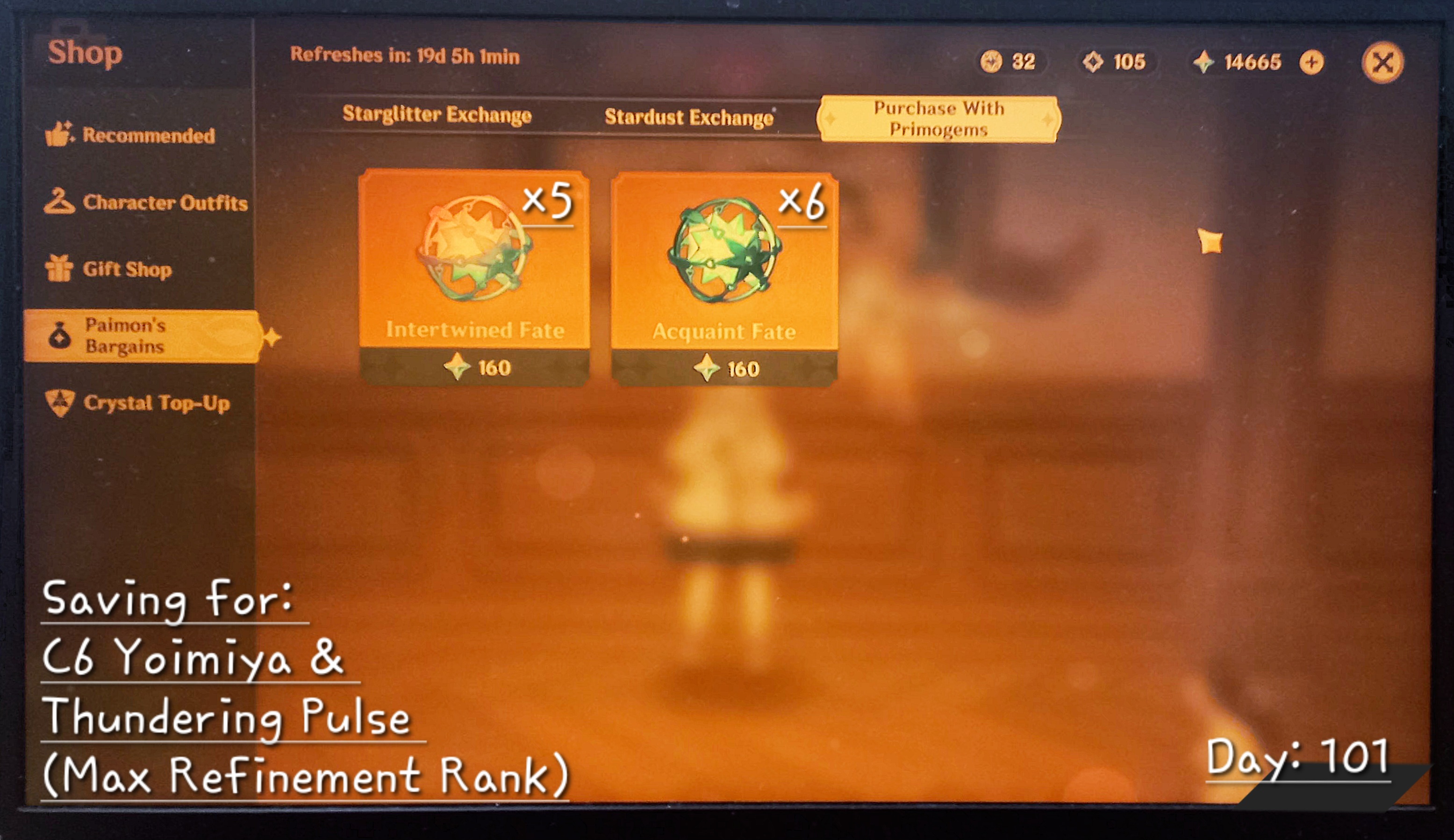 Saving for C6 Yoimiya & Thundering Pulse (Max Refinement Rank) Day: 101 ...