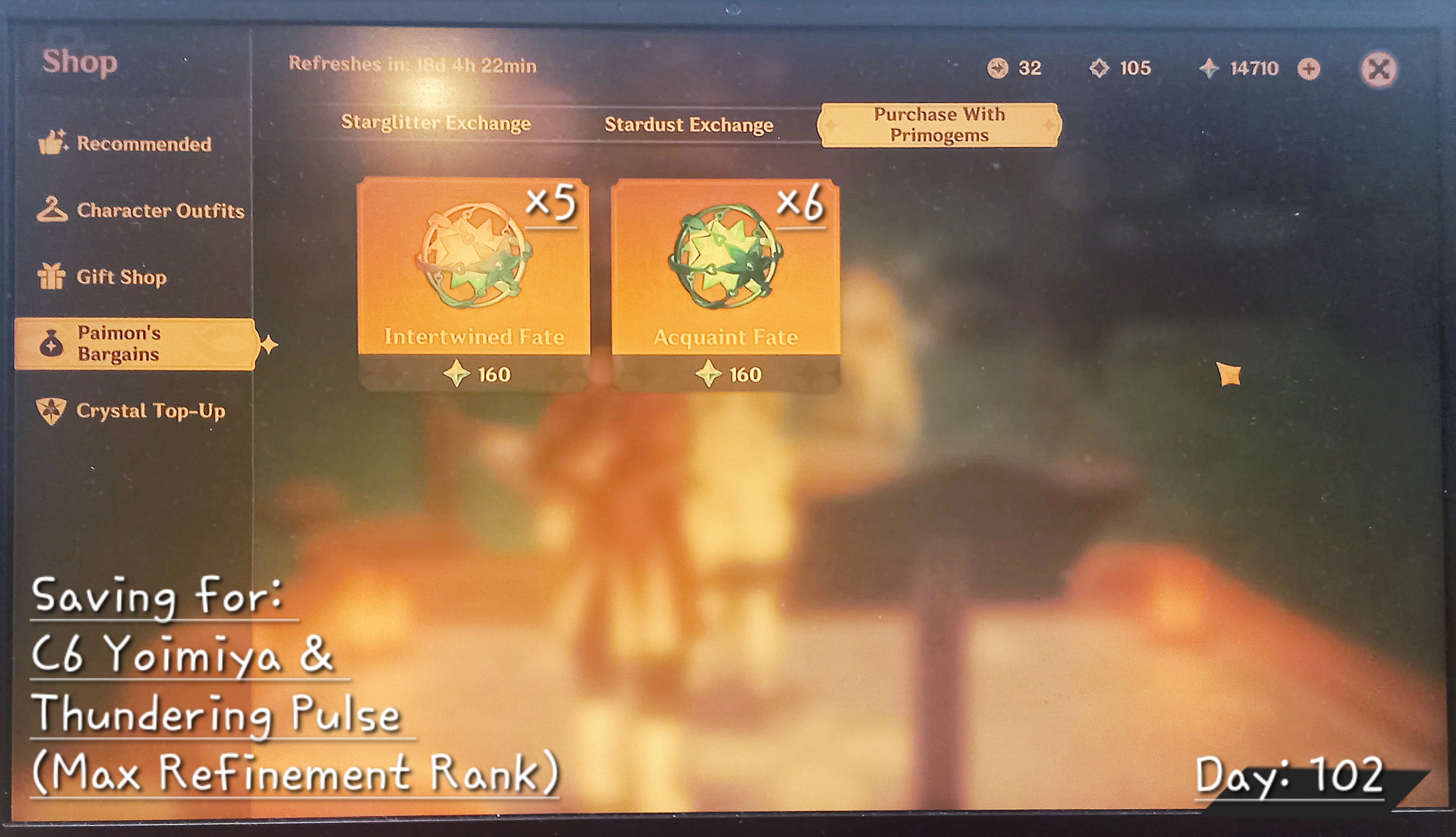 Saving for C6 Yoimiya & Thundering Pulse (Max Refinement Rank) Day: 102 ...