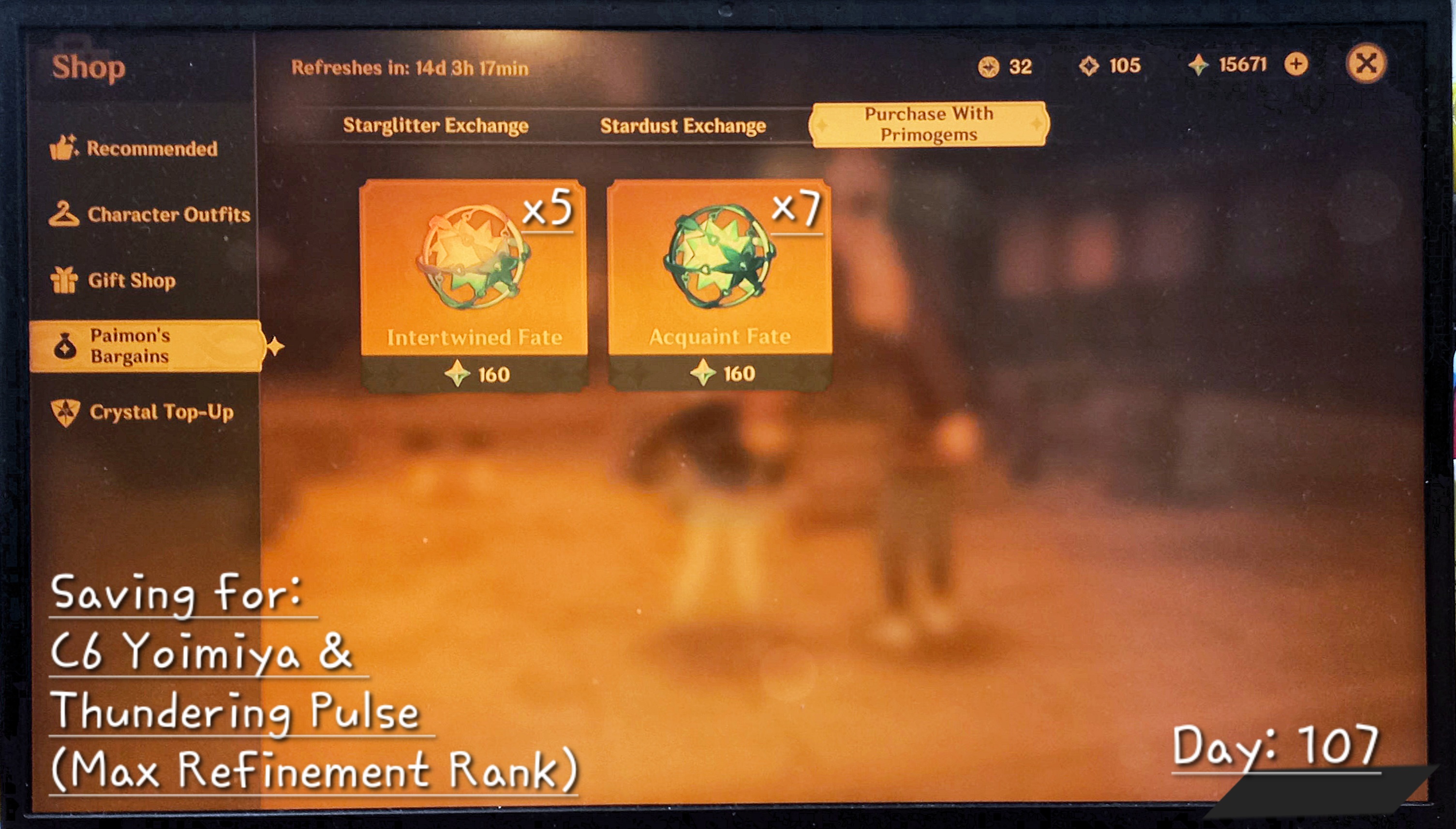 Saving for C6 Yoimiya & Thundering Pulse (Max Refinement Rank) Day: 107 ...