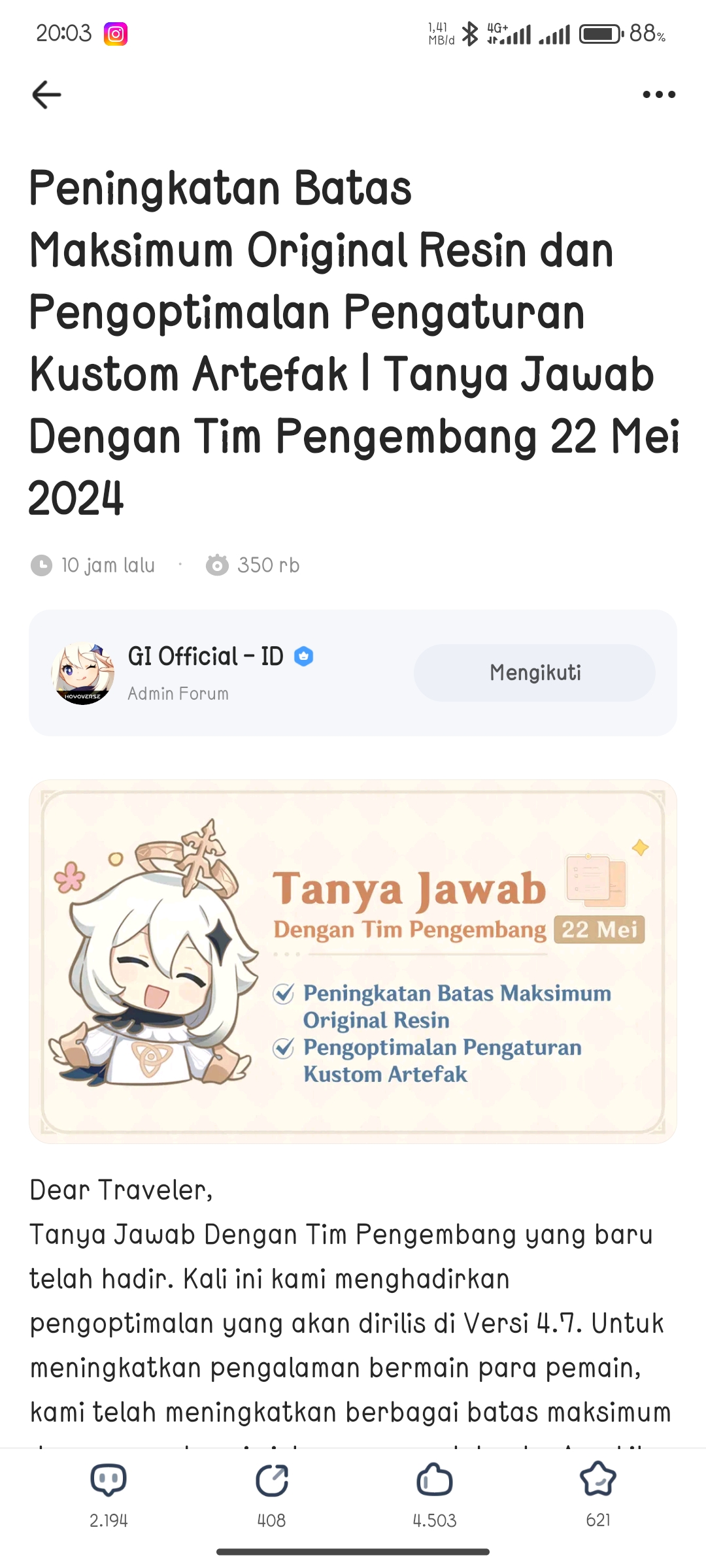 Max Resin Jadi 200? Tapi Sayangnya.... Genshin Impact | HoYoLAB