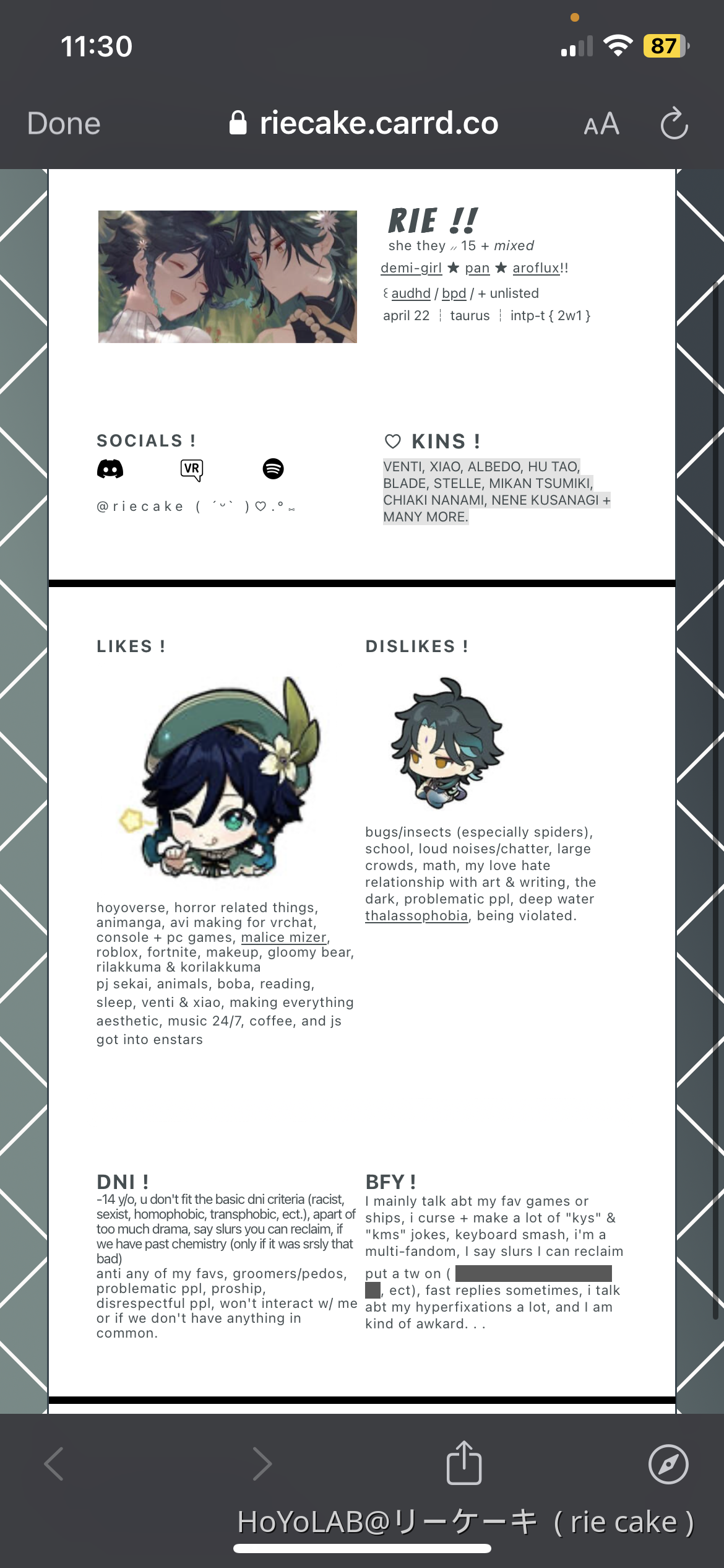 ʚ Venti & Xiao ~ themed carrd ɞ Genshin Impact | HoYoLAB