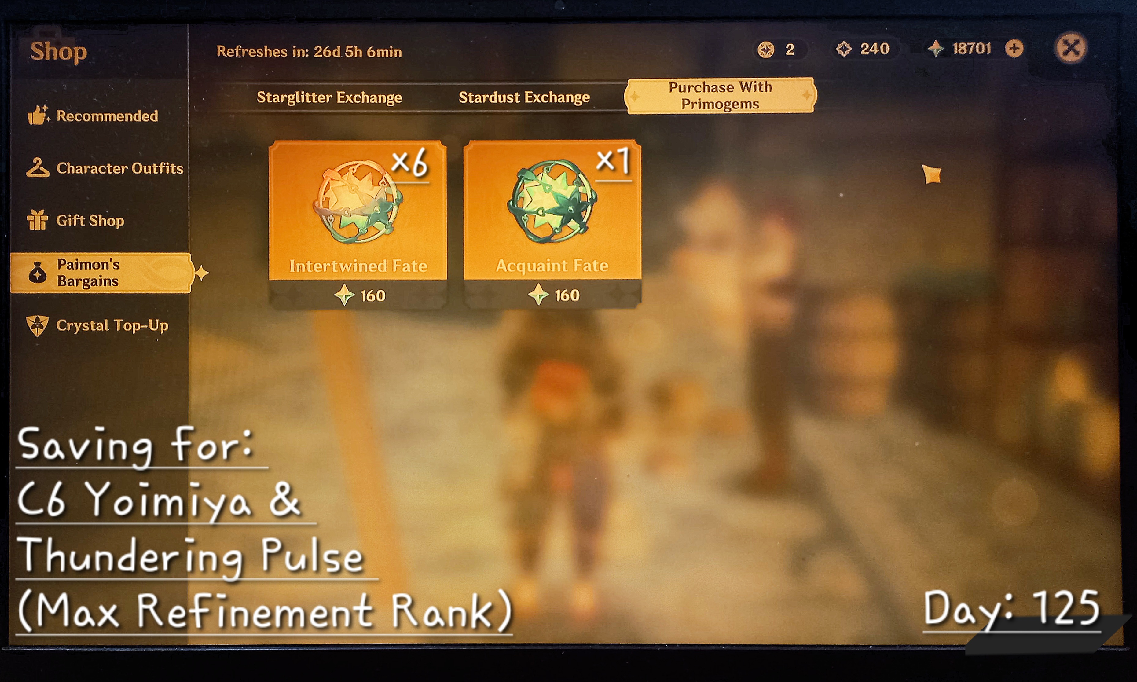 Saving for C6 Yoimiya & Thundering Pulse (Max Refinement Rank) Day: 125 ...